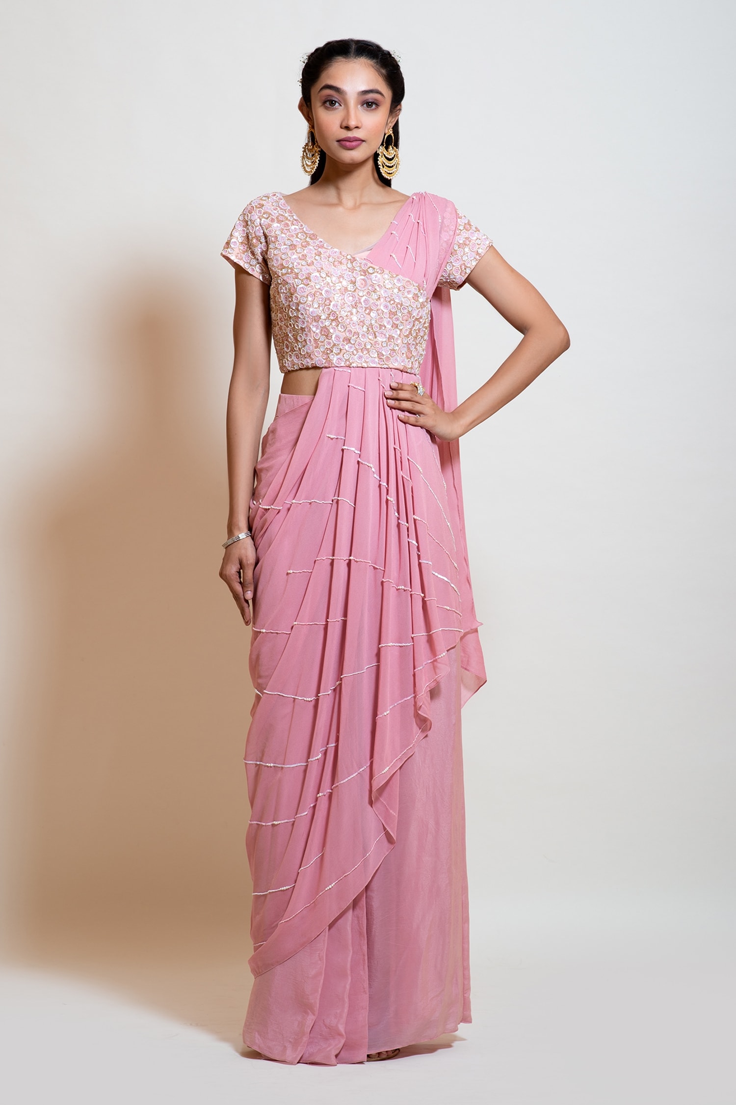 Buy Purple Crepe Embroidered Embellished Pre-draped Saree With Blouse ...