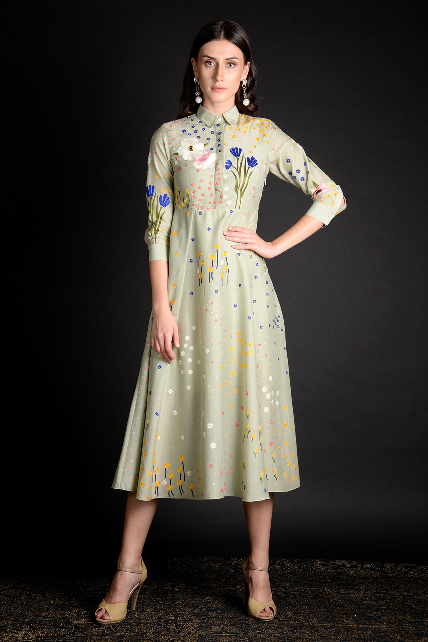 Buy Green Cotton Silk Spread Collar Aaina Handcrafted Midi Dress For ...