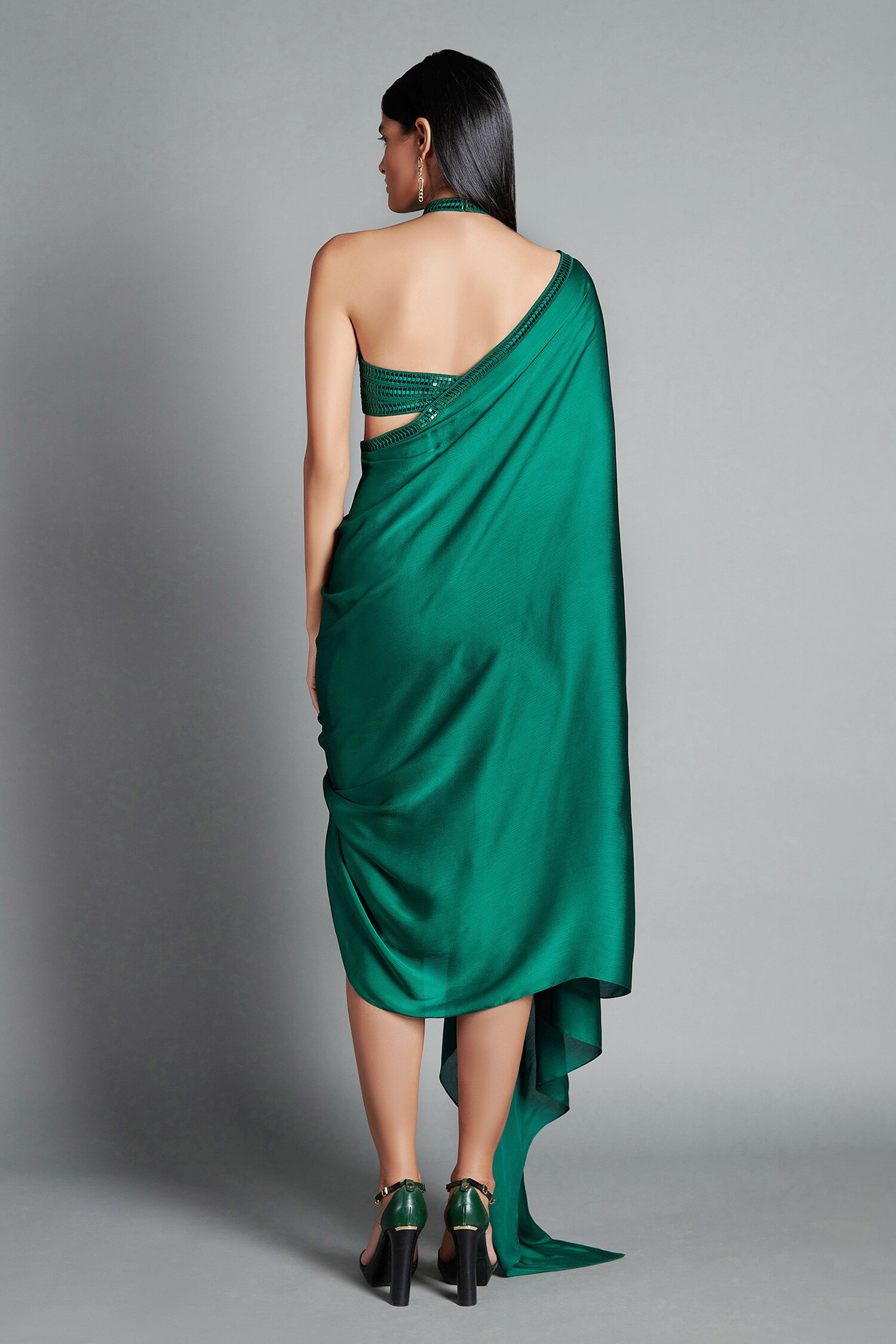 Buy Amit Aggarwal Green Crinkled Chiffon Draped Halter Dress Online ...