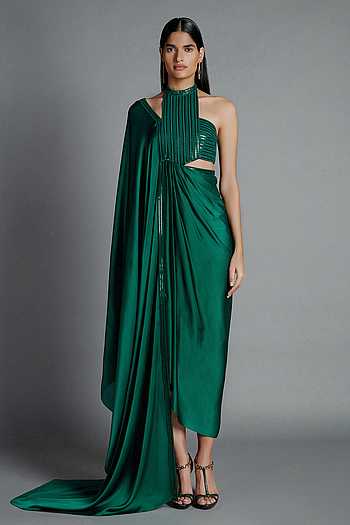 Buy Green Crinkled Chiffon Embroidery Halter Draped Dress For Women by ...
