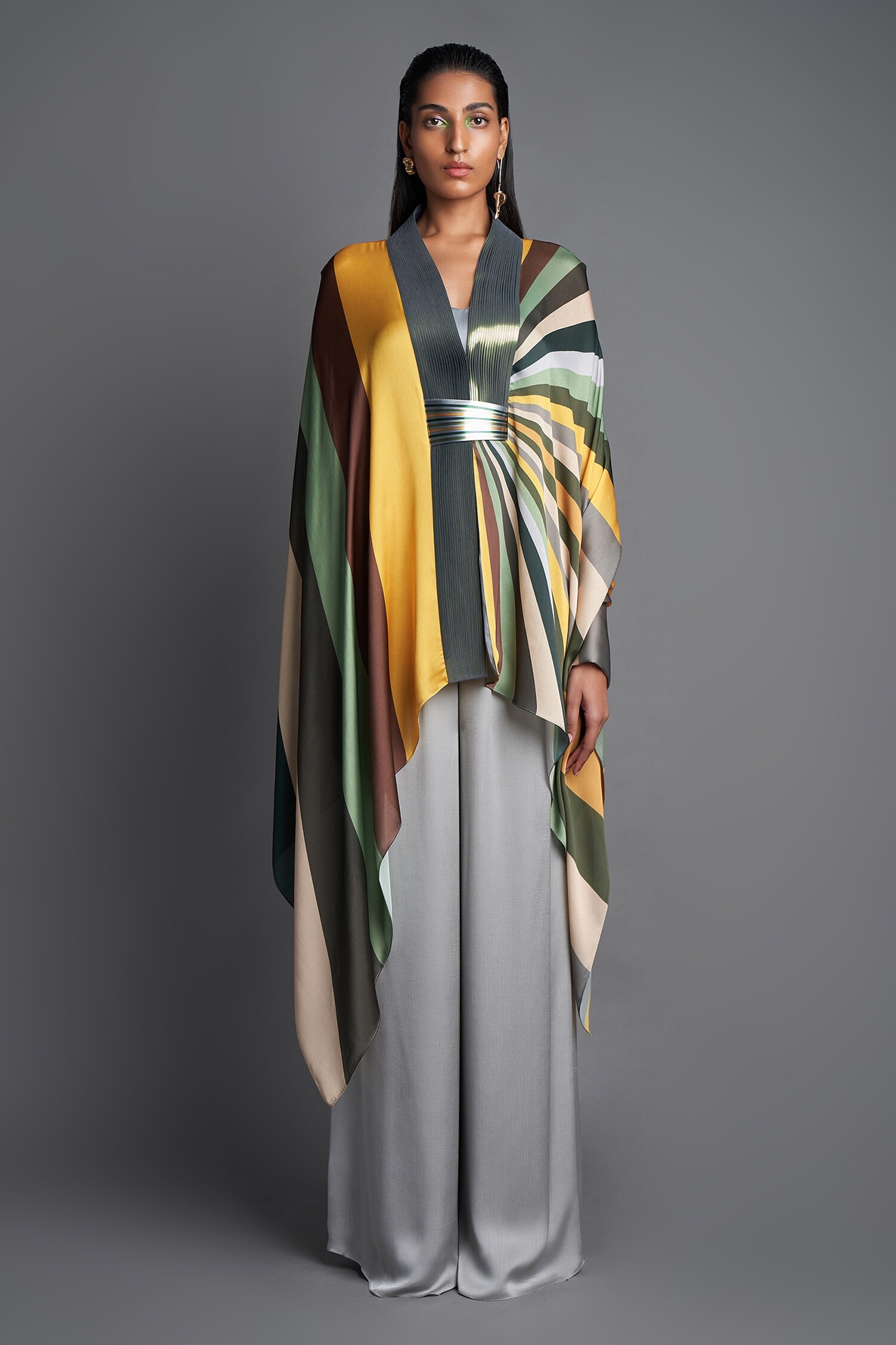 Buy Multi Color Chiffon Plain V Neck Metallic Draped Cape For Women by ...