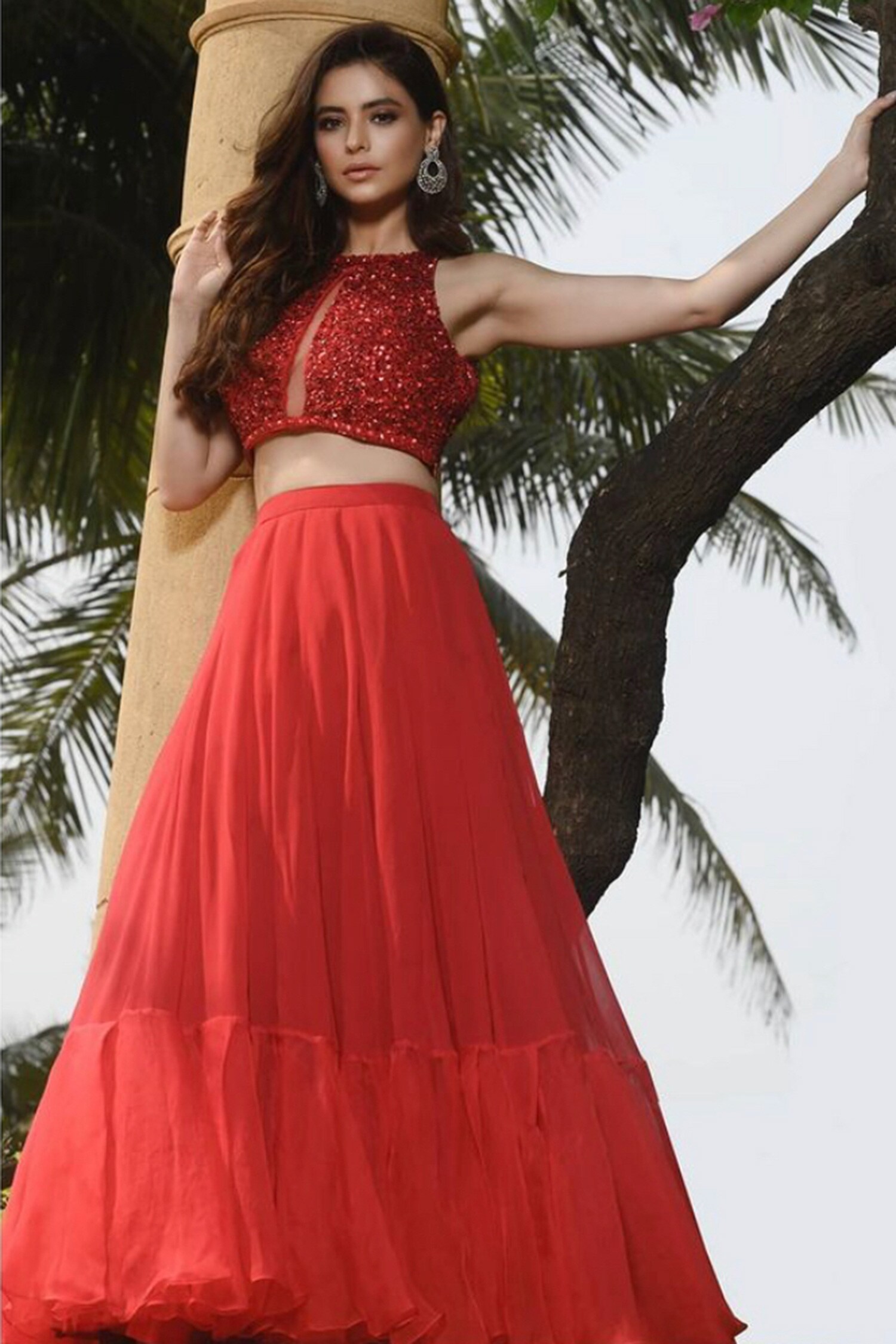 Buy Red Georgette Halter Flared Organza Lehenga Set For Women by Sanya ...