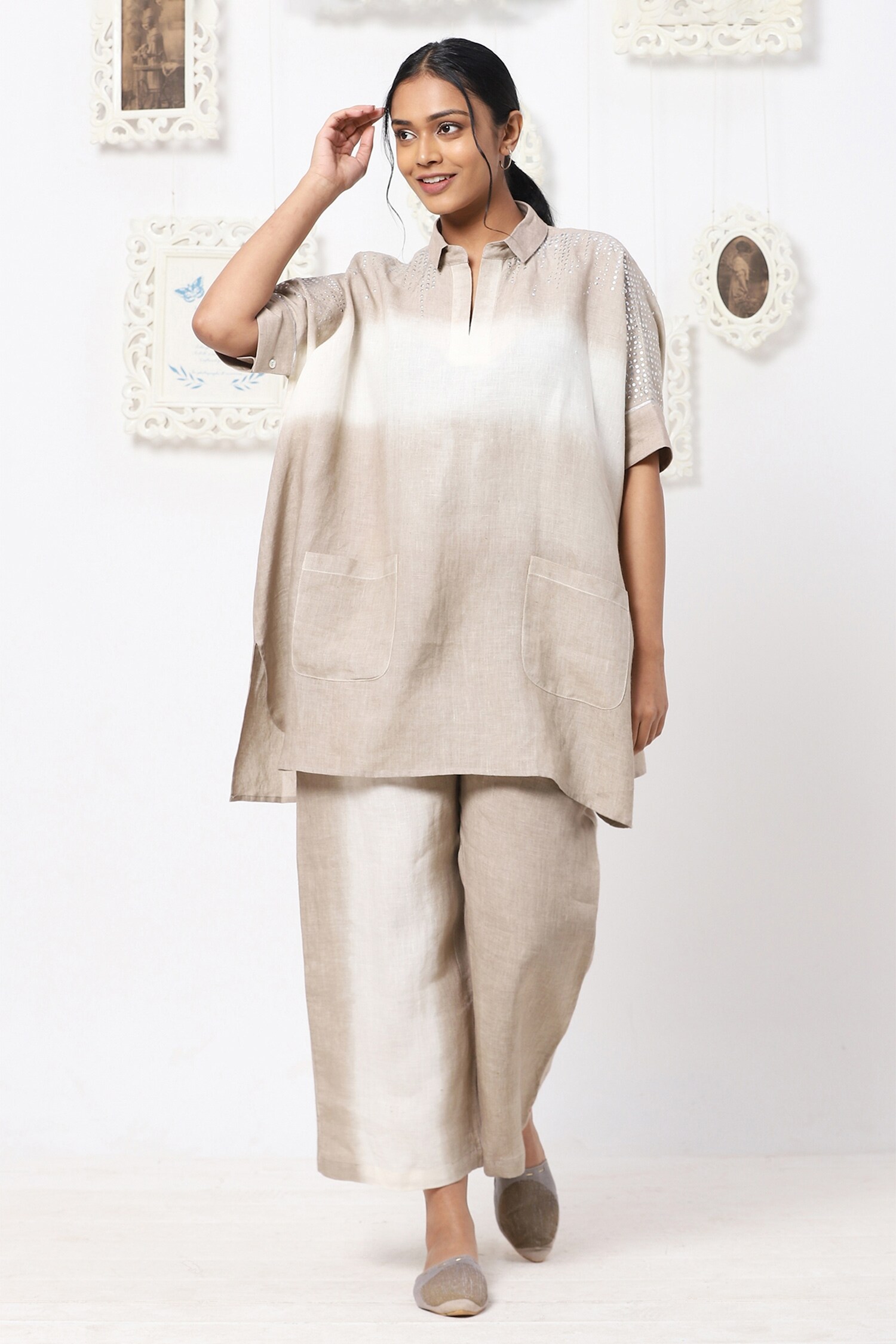 Buy Kaveri Beige Linen Top And Pant Set Online | Aza Fashions