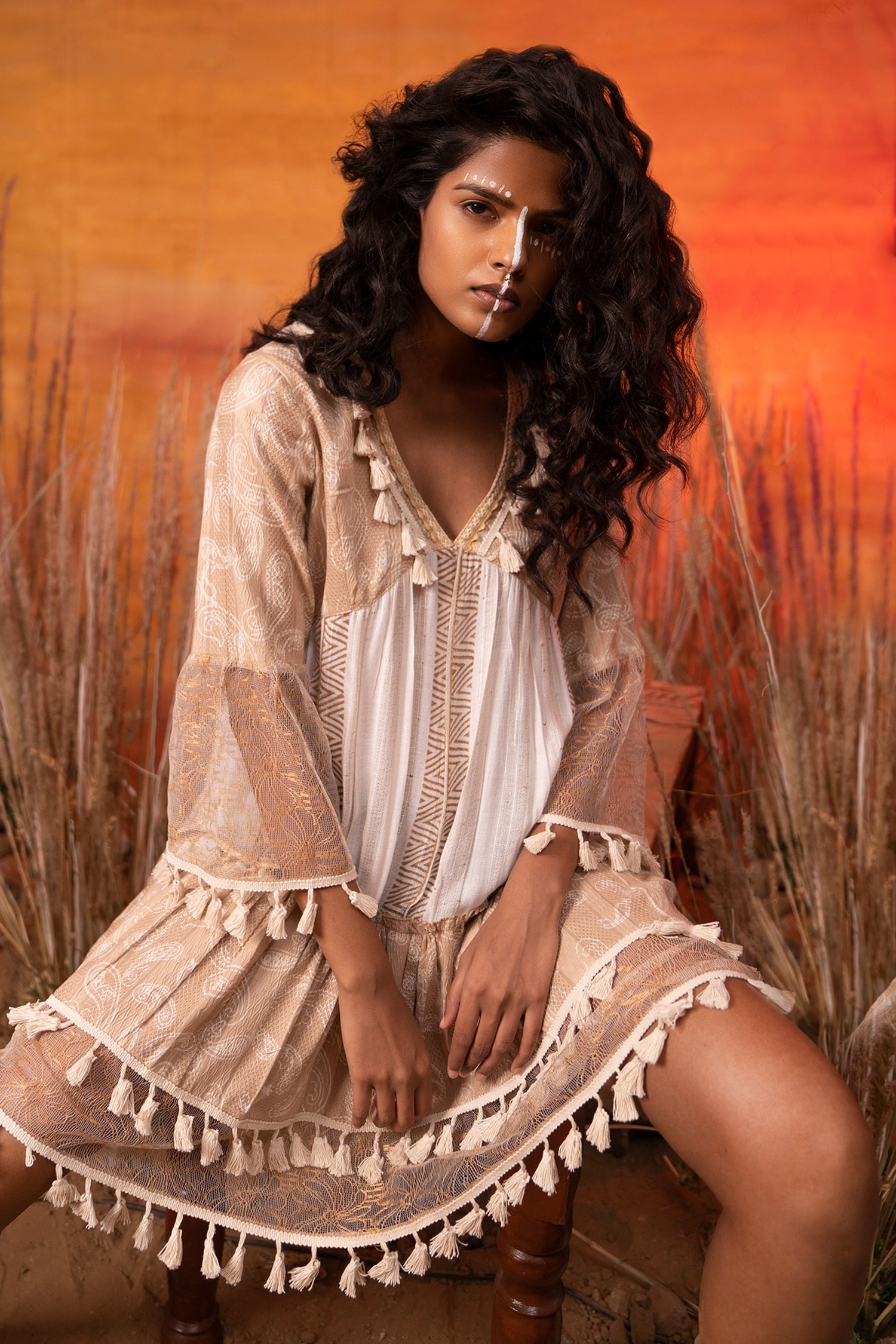 Buy Label Reyya Beige Rayon Lurex With Sequence Printed Tiered Dress ...