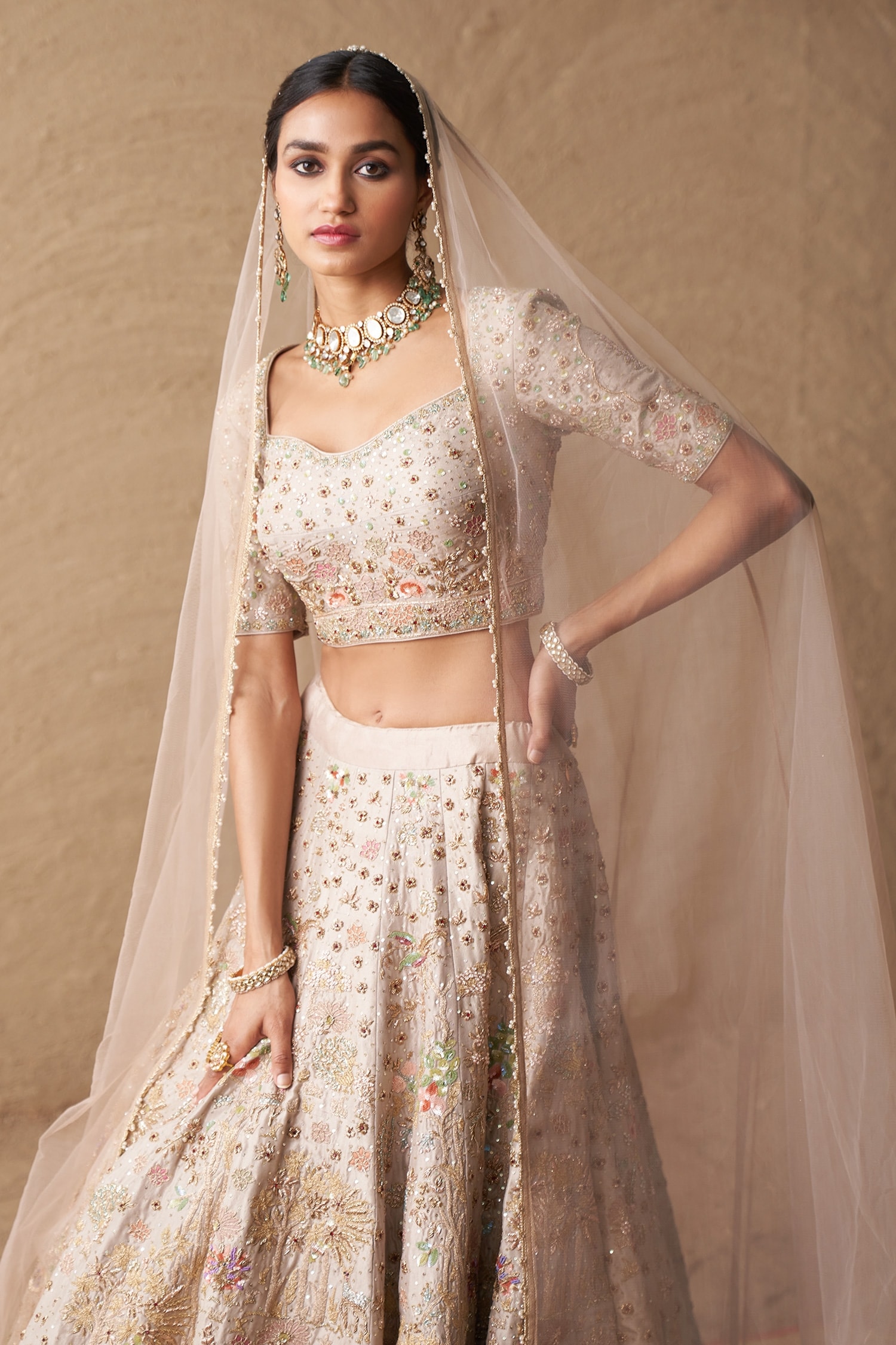 Buy Akriti by Ritika Ivory Dupion Silk Floral Embroidered Lehenga Set ...