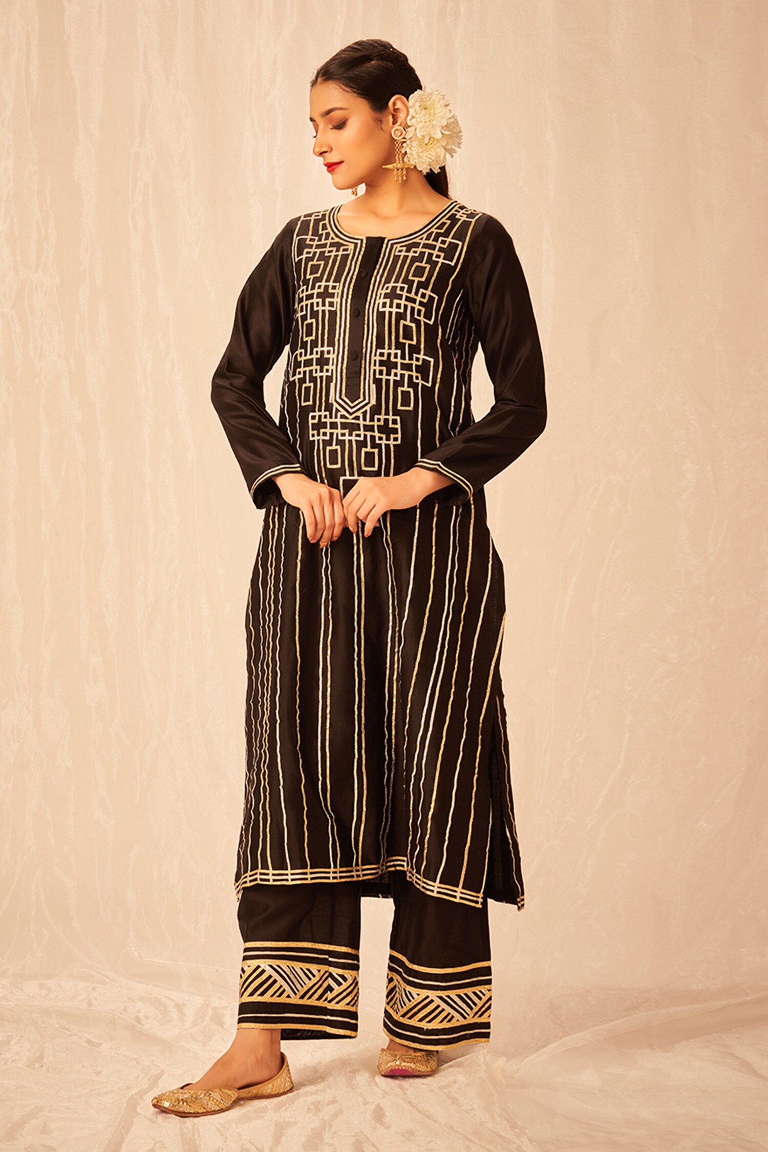 Buy Gulabo by Abu Sandeep Black Chanderi Silk Gota Work A-line Kurta ...