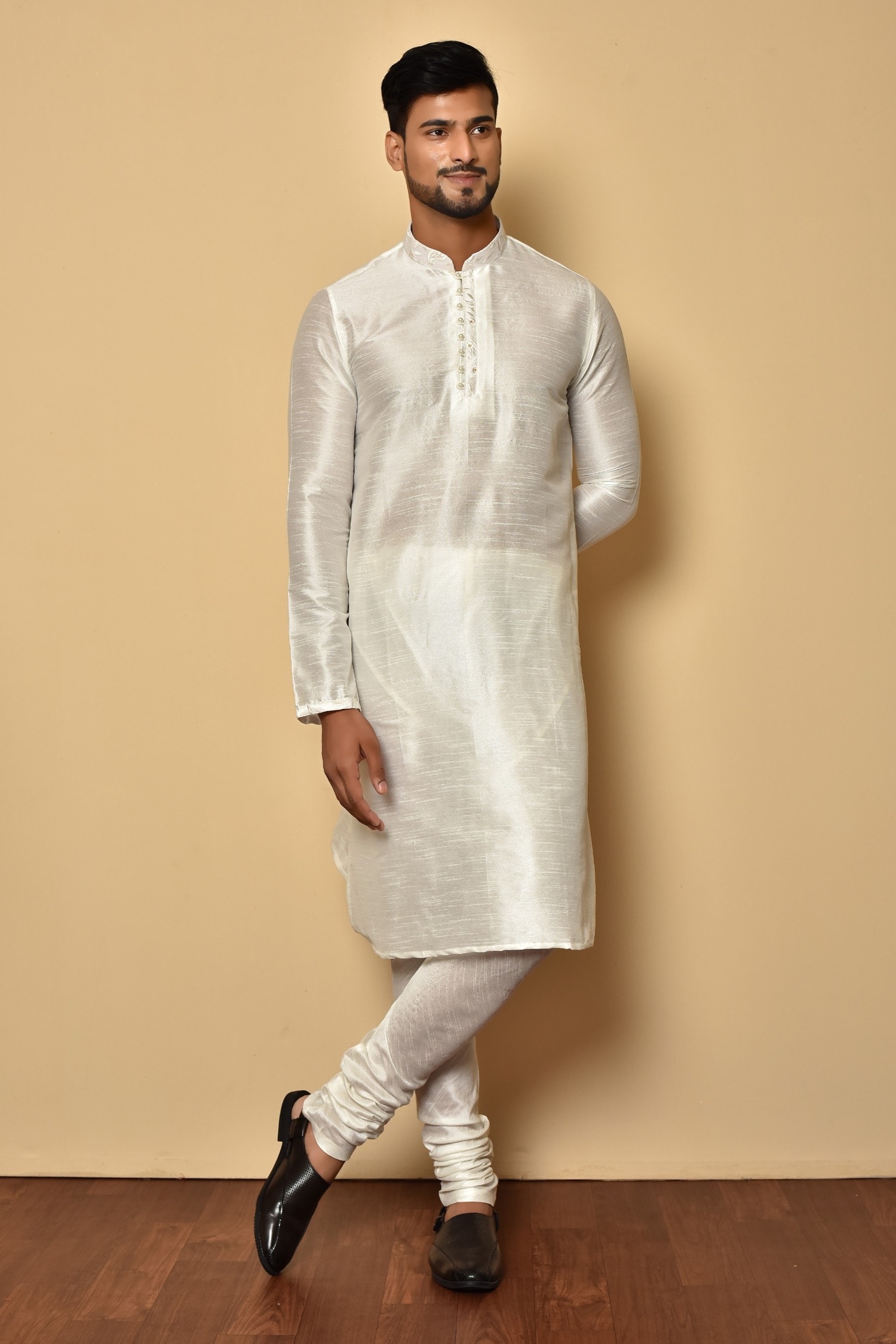 Buy Off White Kurta: Dupion Art Silk Plain Full Sleeve Set For Men by ...