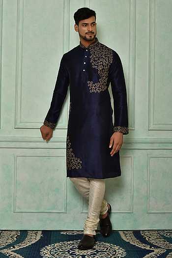 Buy Blue Dupion Art Silk Embroidered Swirl Kurta For Men by Aryavir ...