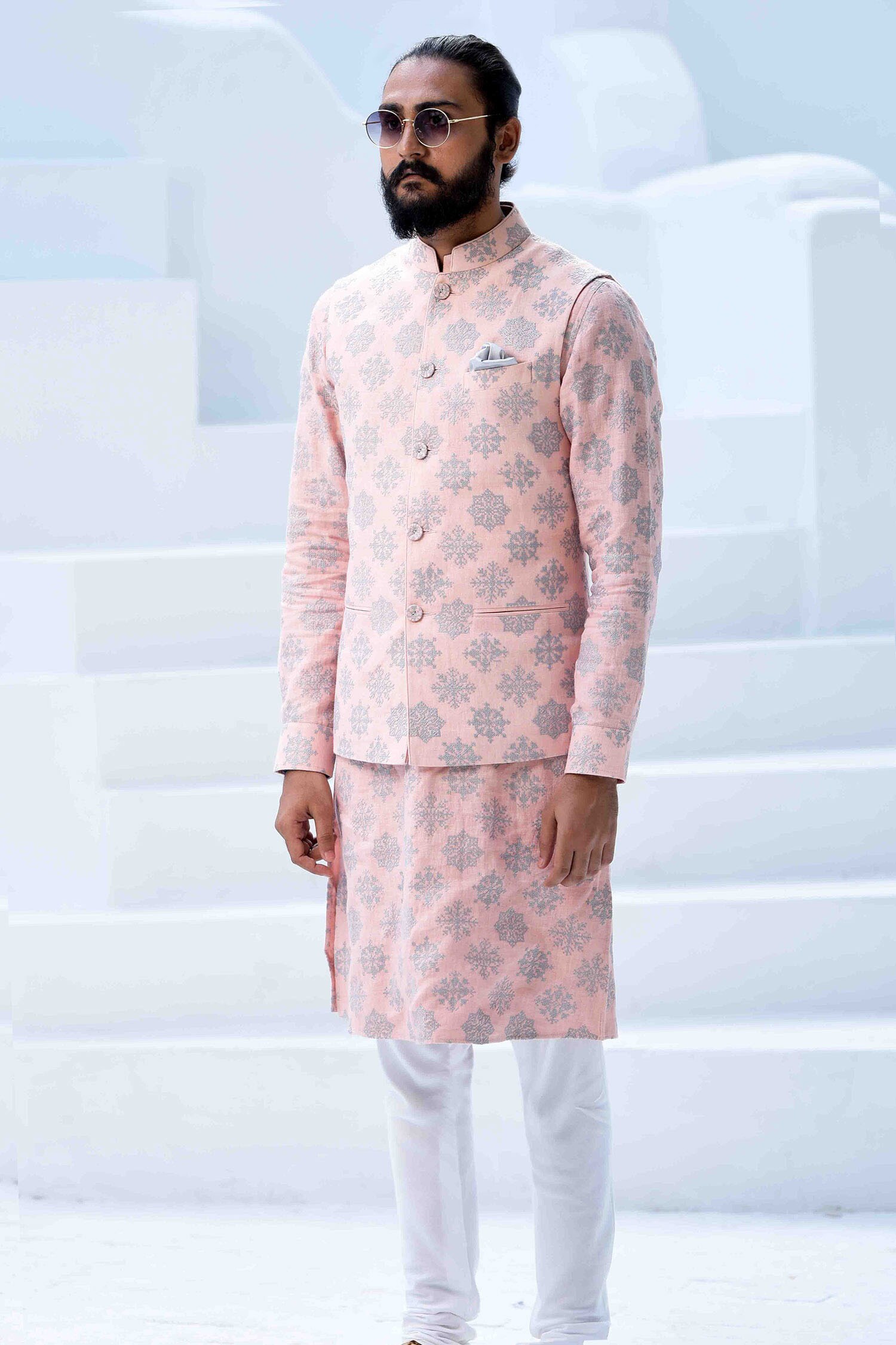 Buy Arjan Dugal Pink Linen Embroidered Nehru Jacket Online | Aza Fashions