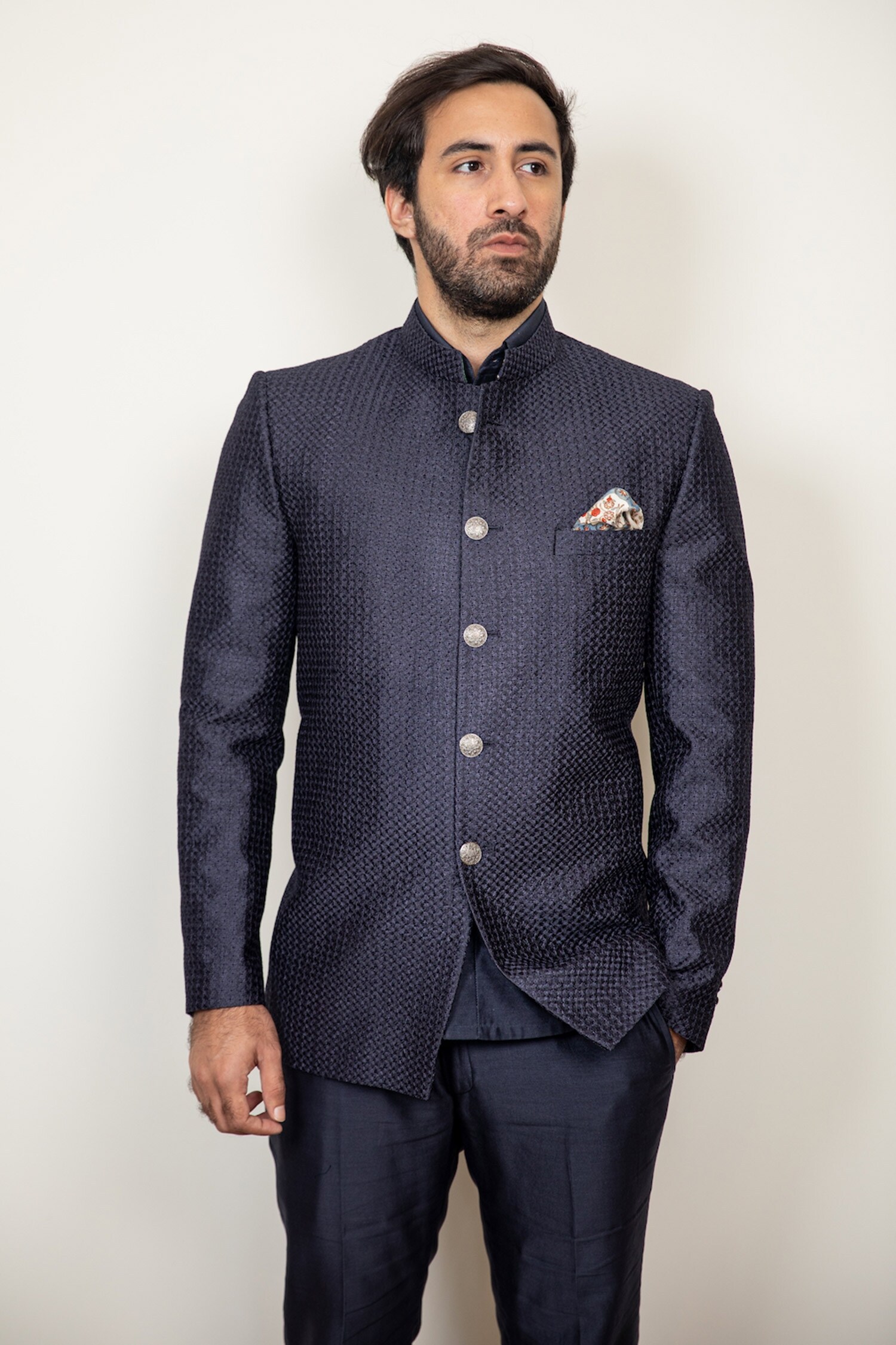 Buy Arjan Dugal Blue Chanderi Silk Embroidered Bandhgala Set Online ...