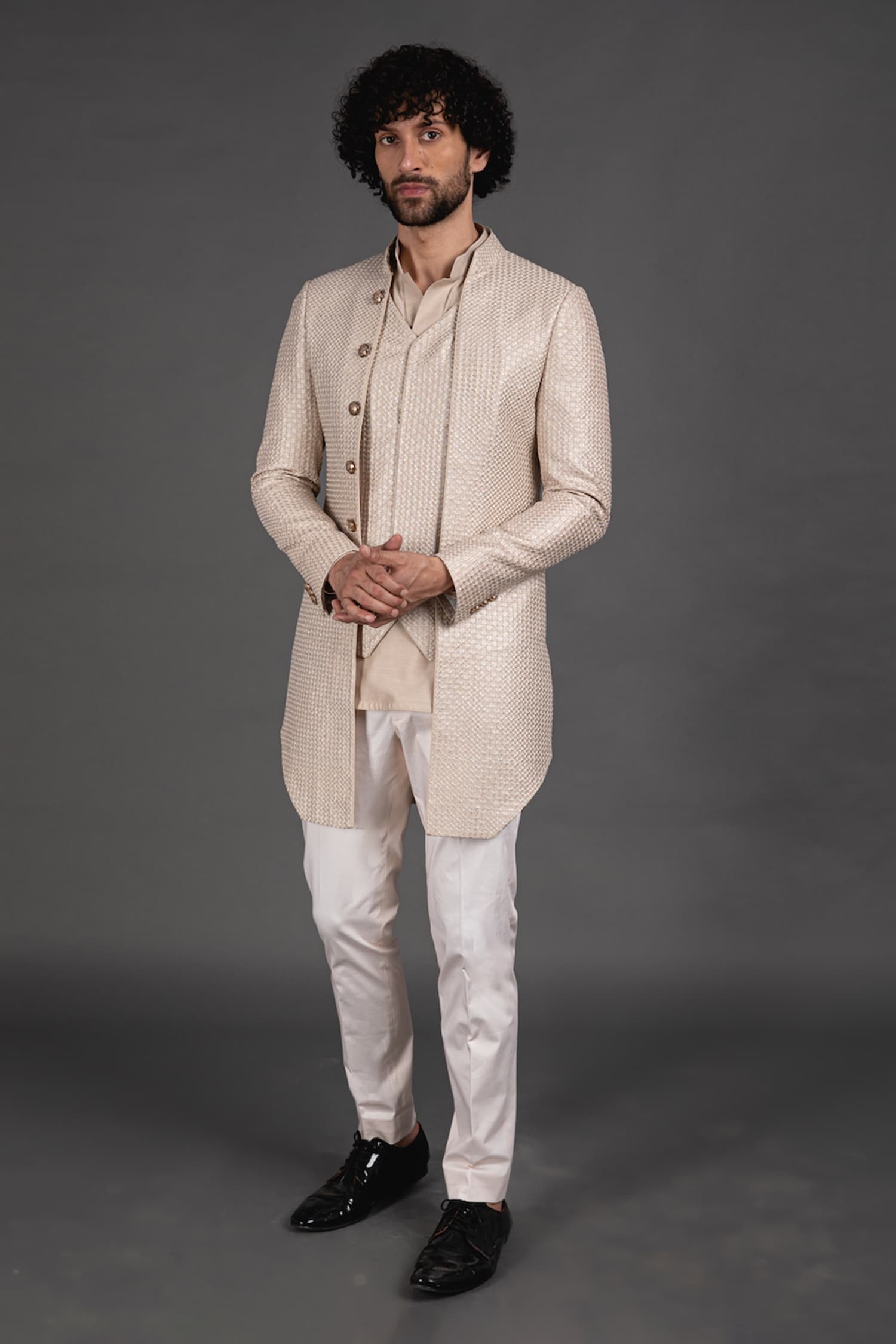 Buy Arjan Dugal Peach Chanderi Silk Achkan And Kurta Set Online | Aza ...