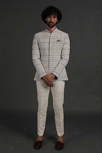 Buy Arjan Dugal White Cotton Silk Lace Work Bandhgala Set Online | Aza ...