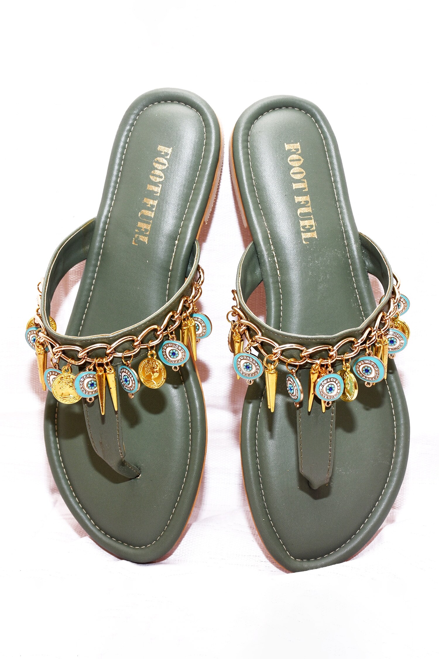 Buy Foot Fuel Green Rexine Adul Charm Embellished Flats Online | Aza ...