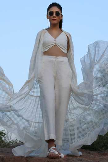 Buy Amita Gupta White Handwoven Silk Long Jacket Online | Aza Fashions