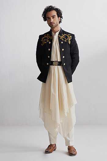 Buy Black Cotton Twill Embroidery Zardozi Baroque Open Jacket For Men ...