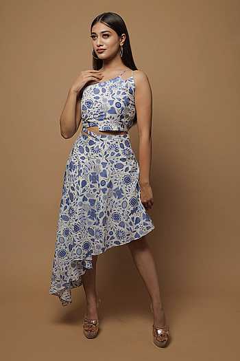 Buy White Cotton Block One Shoulder Asymmerical Flower Top And Skirt ...
