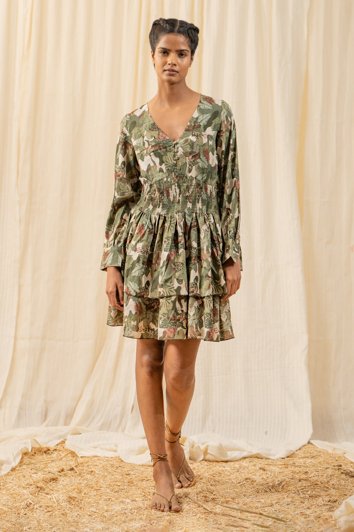 Buy Label Reyya Green Rayon Staple Floral Print Tiered Dress Online ...