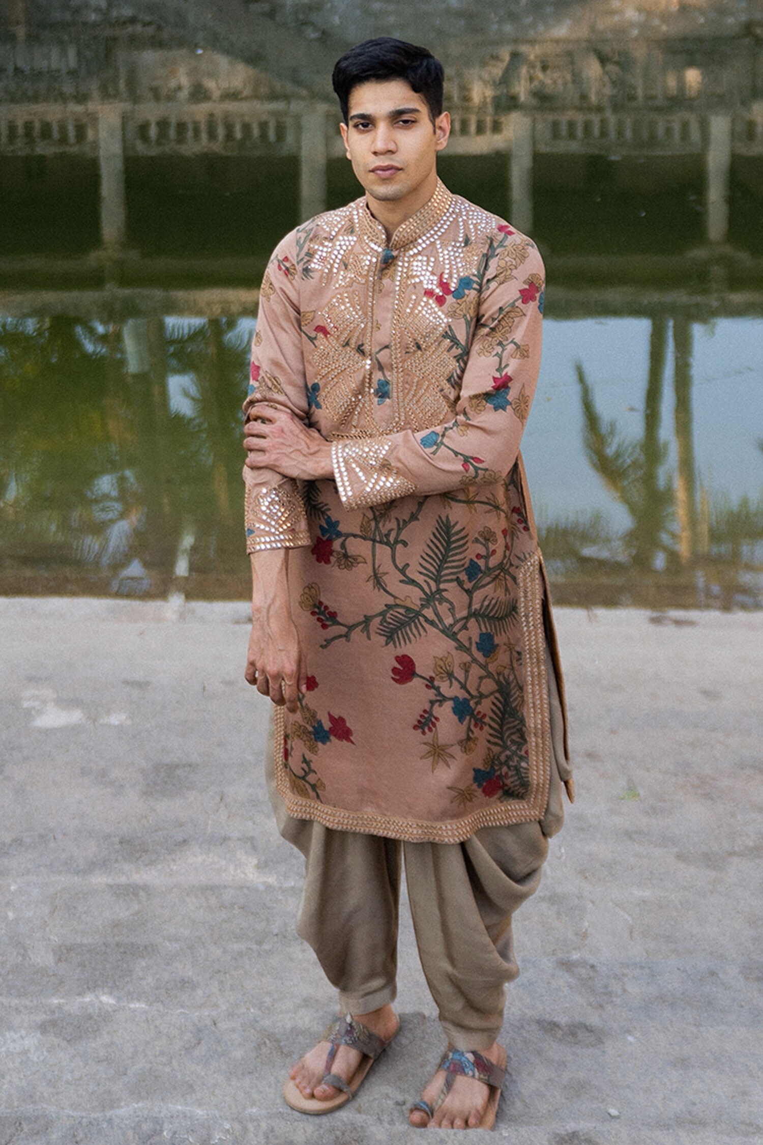 Buy Pink Kurta Silk Bemeberg Hand Painted Floral Set For Men by Archana ...