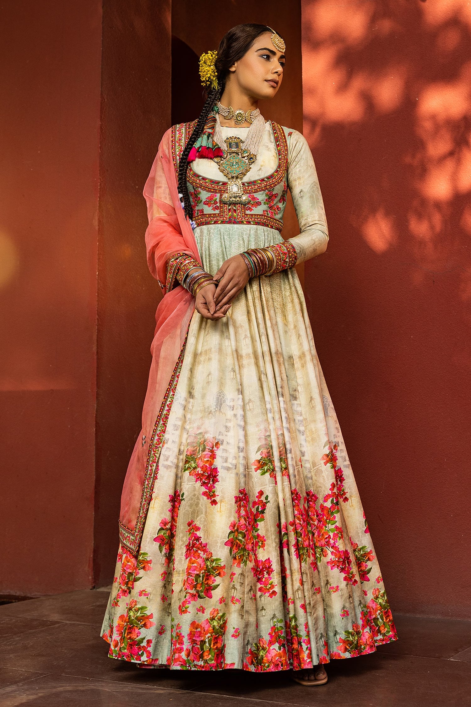 Buy Multi Color Anarkali Natural Silk Printed Floral Rabia With Dupatta