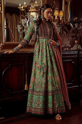 Buy Green Viscose Silk Hand Bageecha Peacock Anarkali With Dupatta For ...