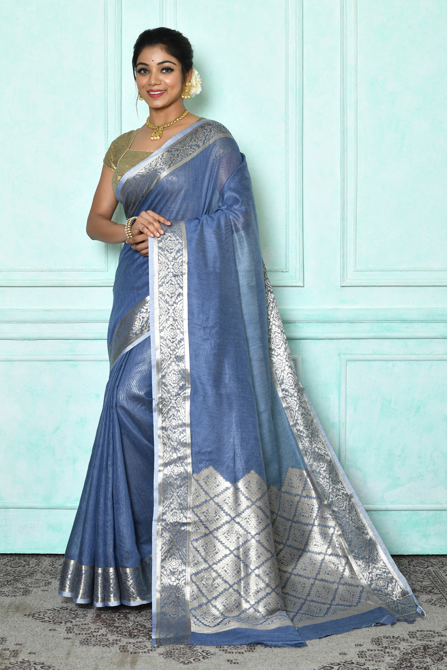 Buy Blue Linen Woven Diamond Tile Pattern Saree For Women by Nazaakat ...