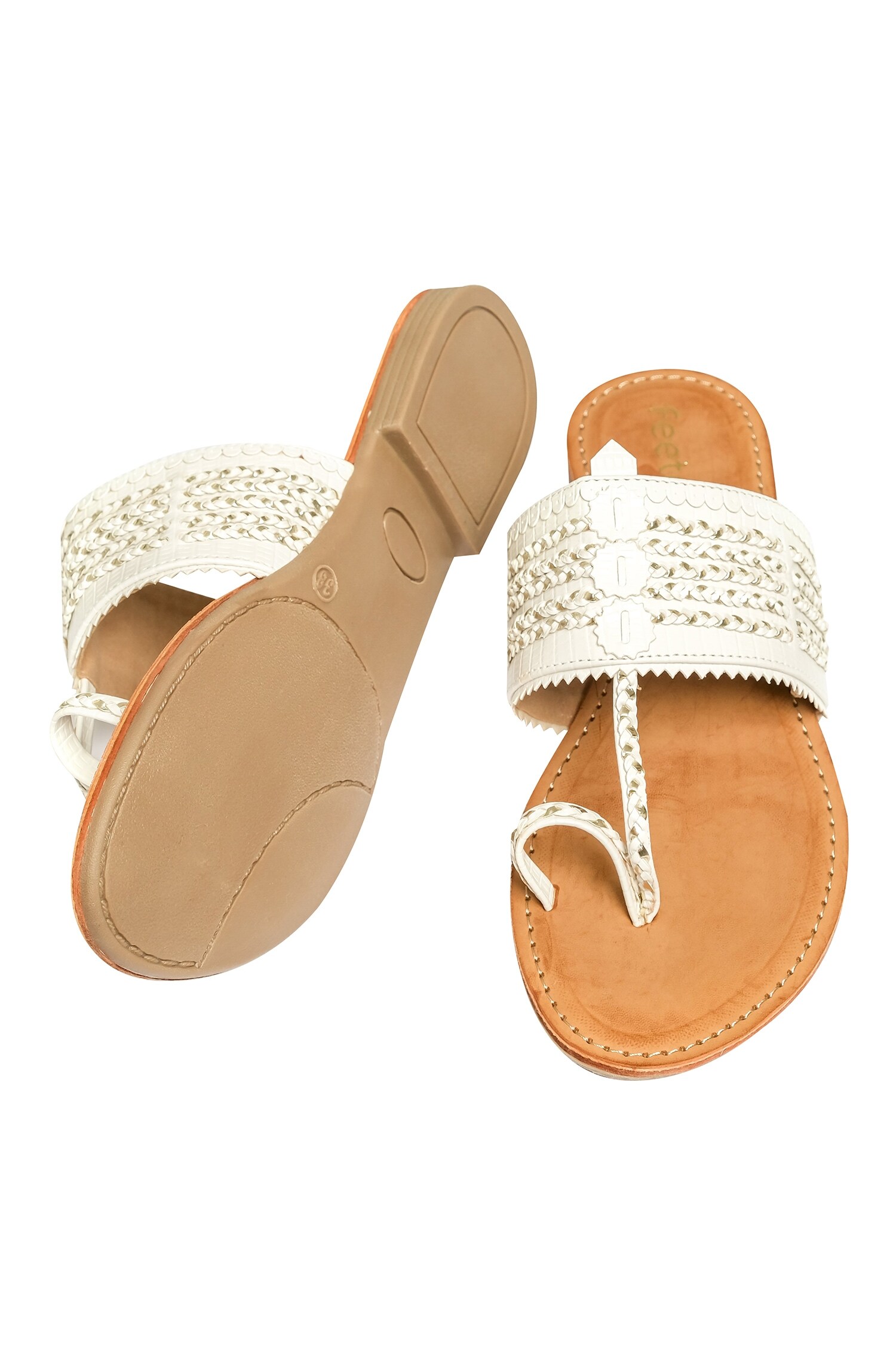 Buy Feetoes Shoes White Faux Leather Braided Kolhapuri Flats Online ...