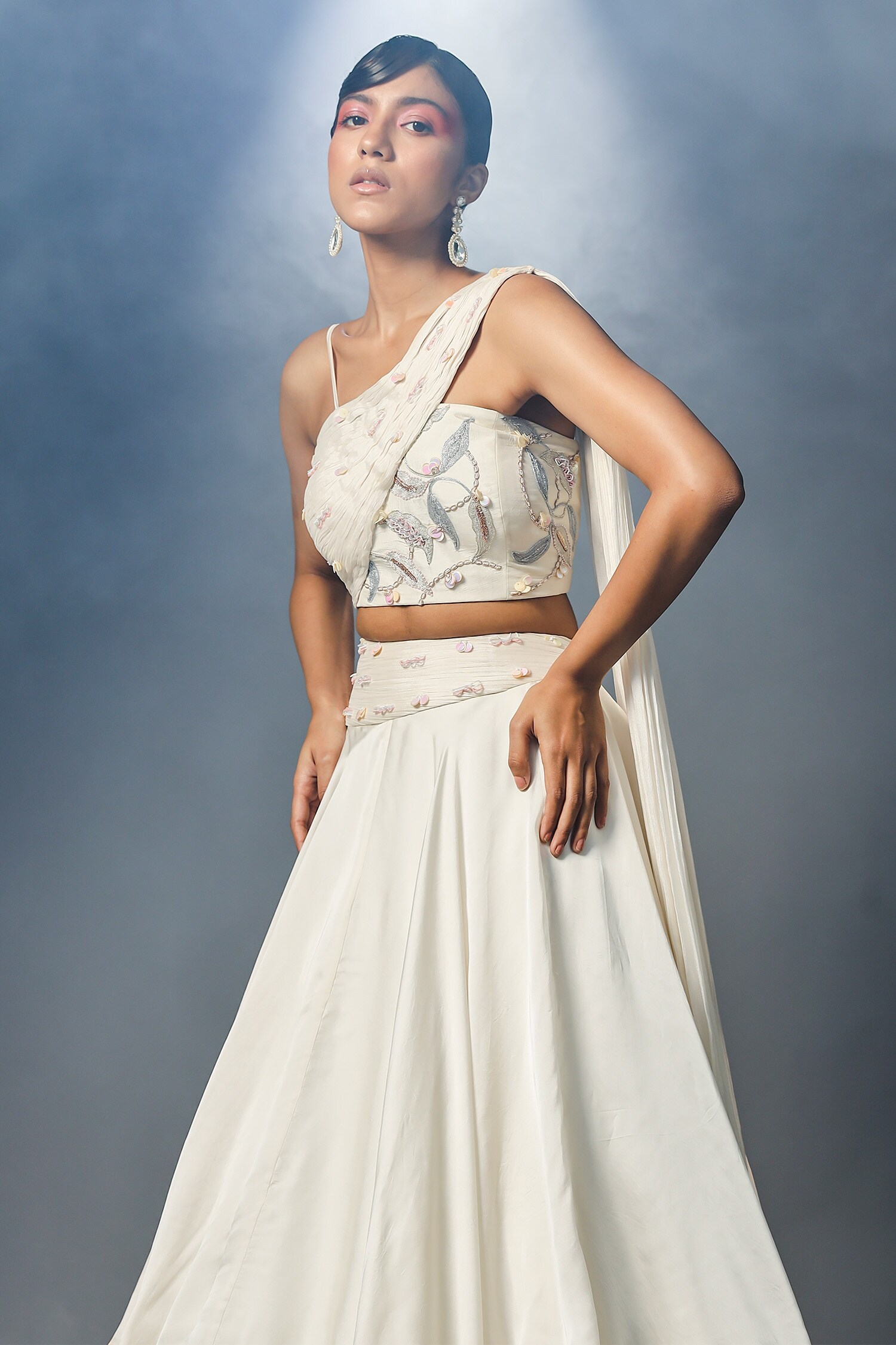 Buy Isha Gupta Tayal White Silk Lehenga And One Shoulder Draped Top Set ...