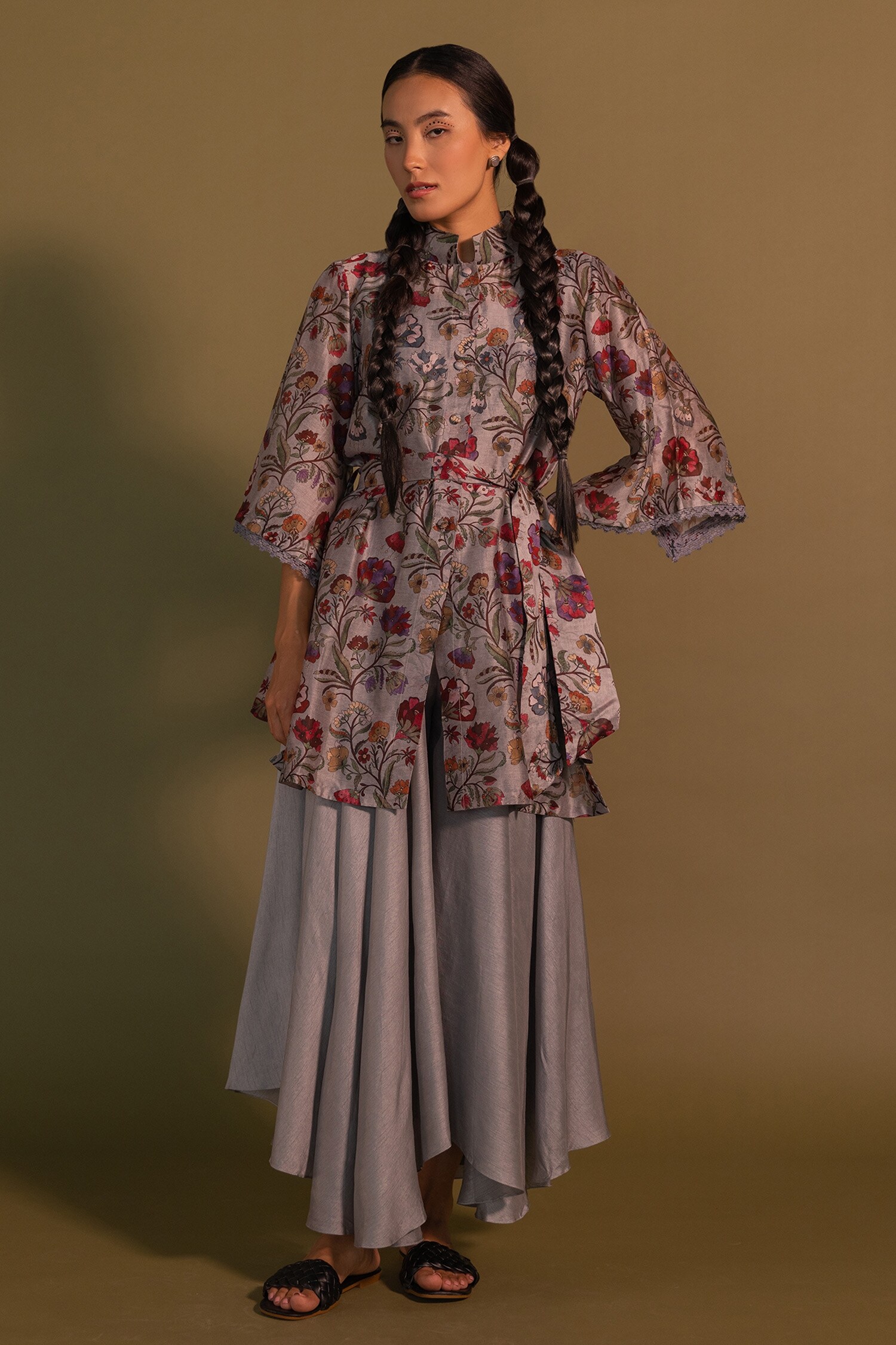 Buy Grey Kurta Chanderi Floral High Neck Amour And Pant Set For Women ...