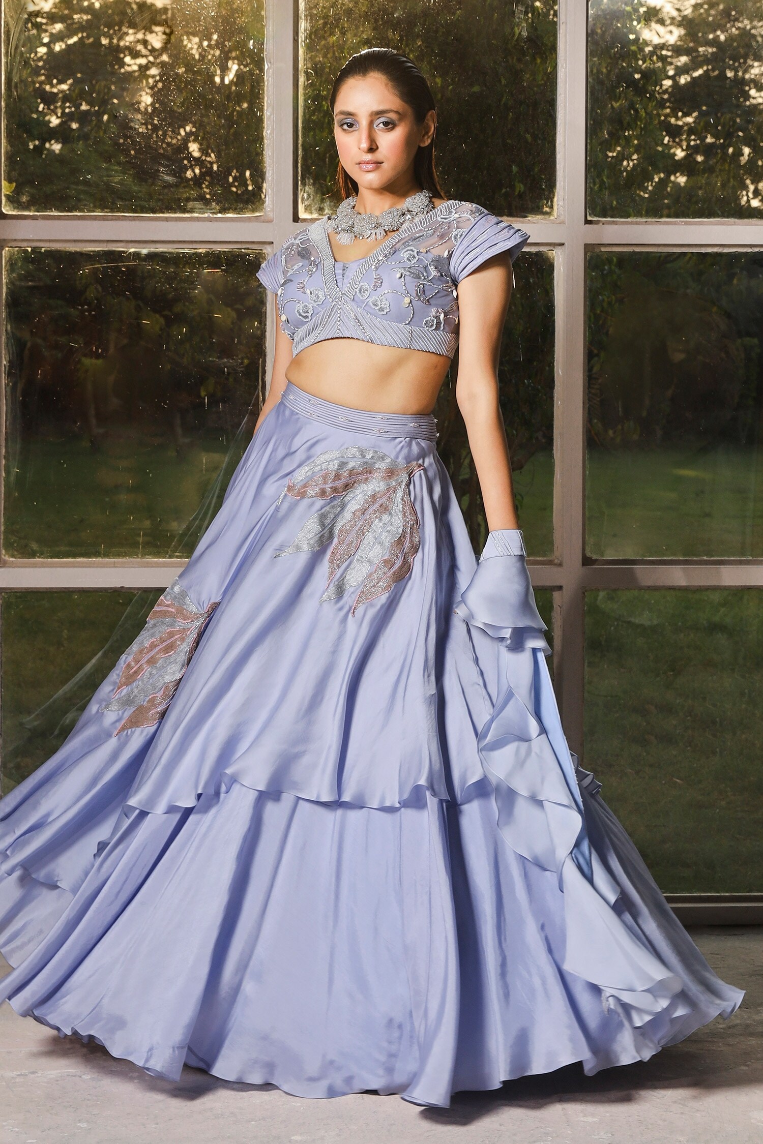 Buy Isha Gupta Tayal Purple Organza Double Layered Embroidered Lehenga ...