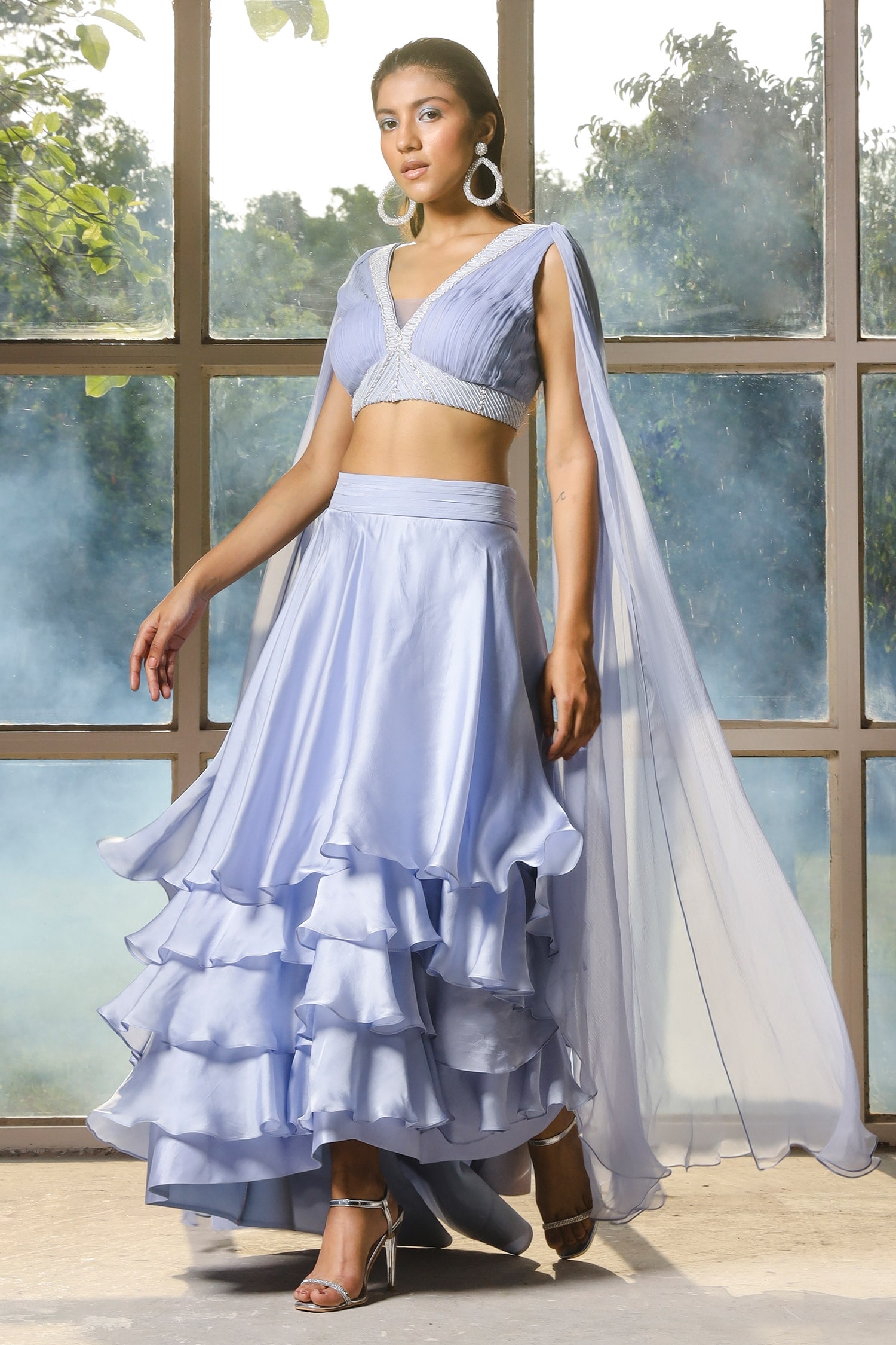 Buy Isha Gupta Tayal Purple Organza Embroidered Layered Skirt And