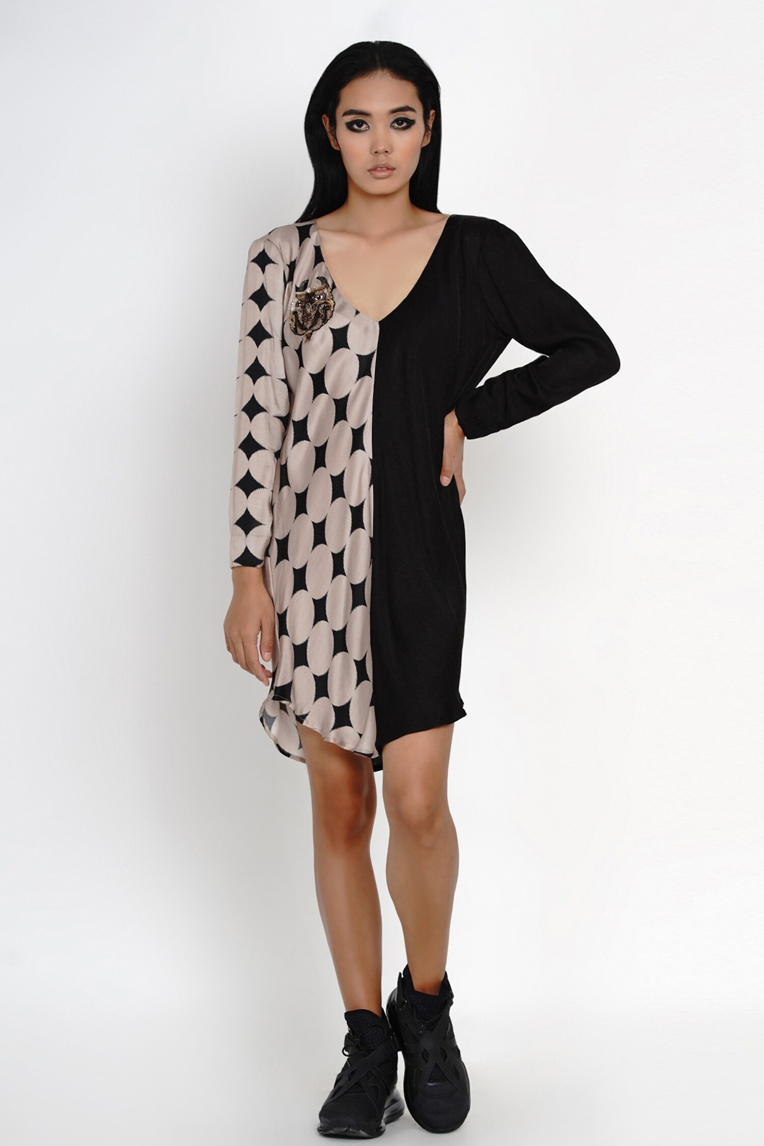 Buy Angry Owl Beige Modal Colorblock Dress Online | Aza Fashions