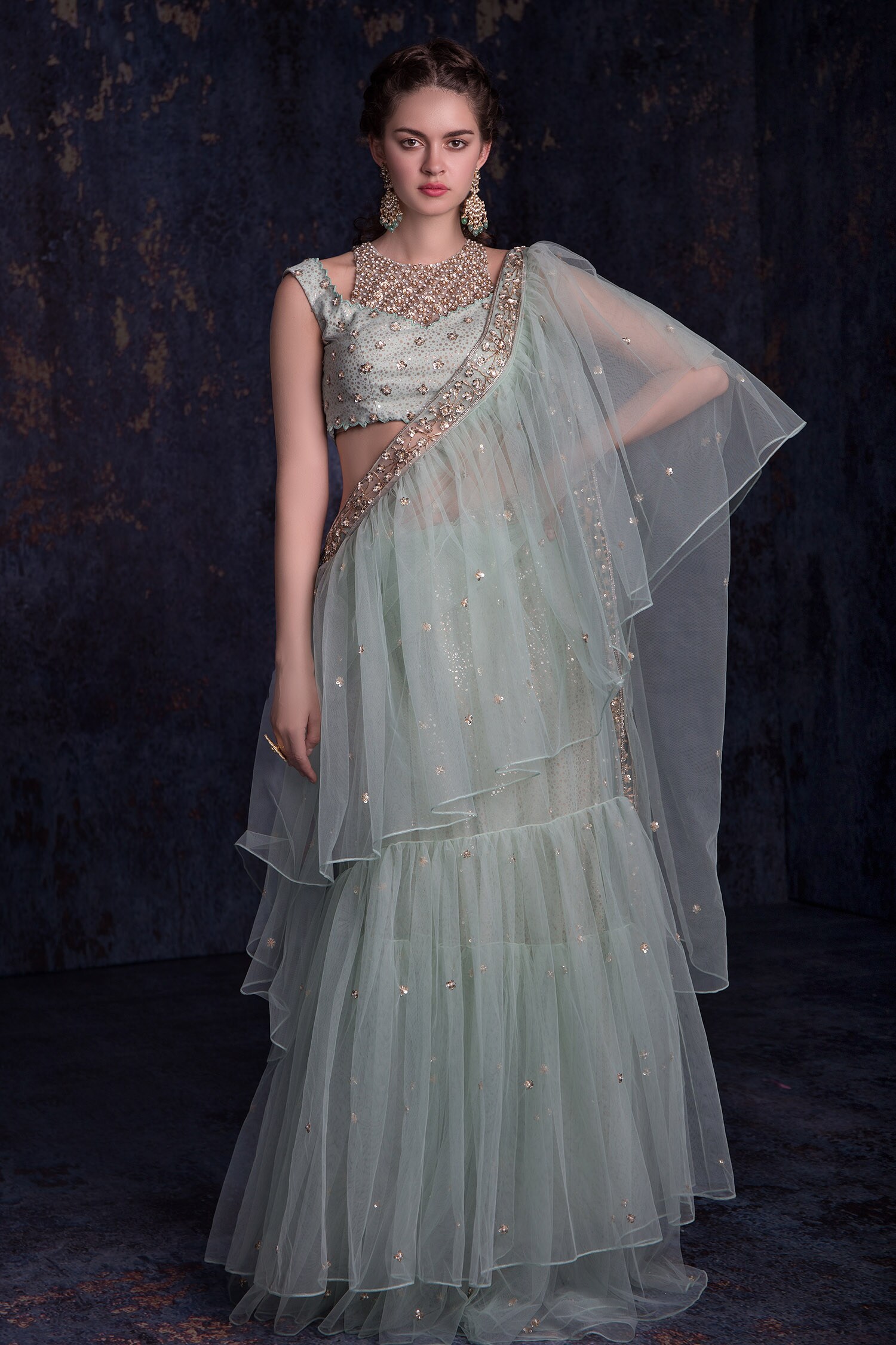 Buy Ashwini Reddy Green Soft Tulle Embroidered Ruffle Saree With Blouse ...