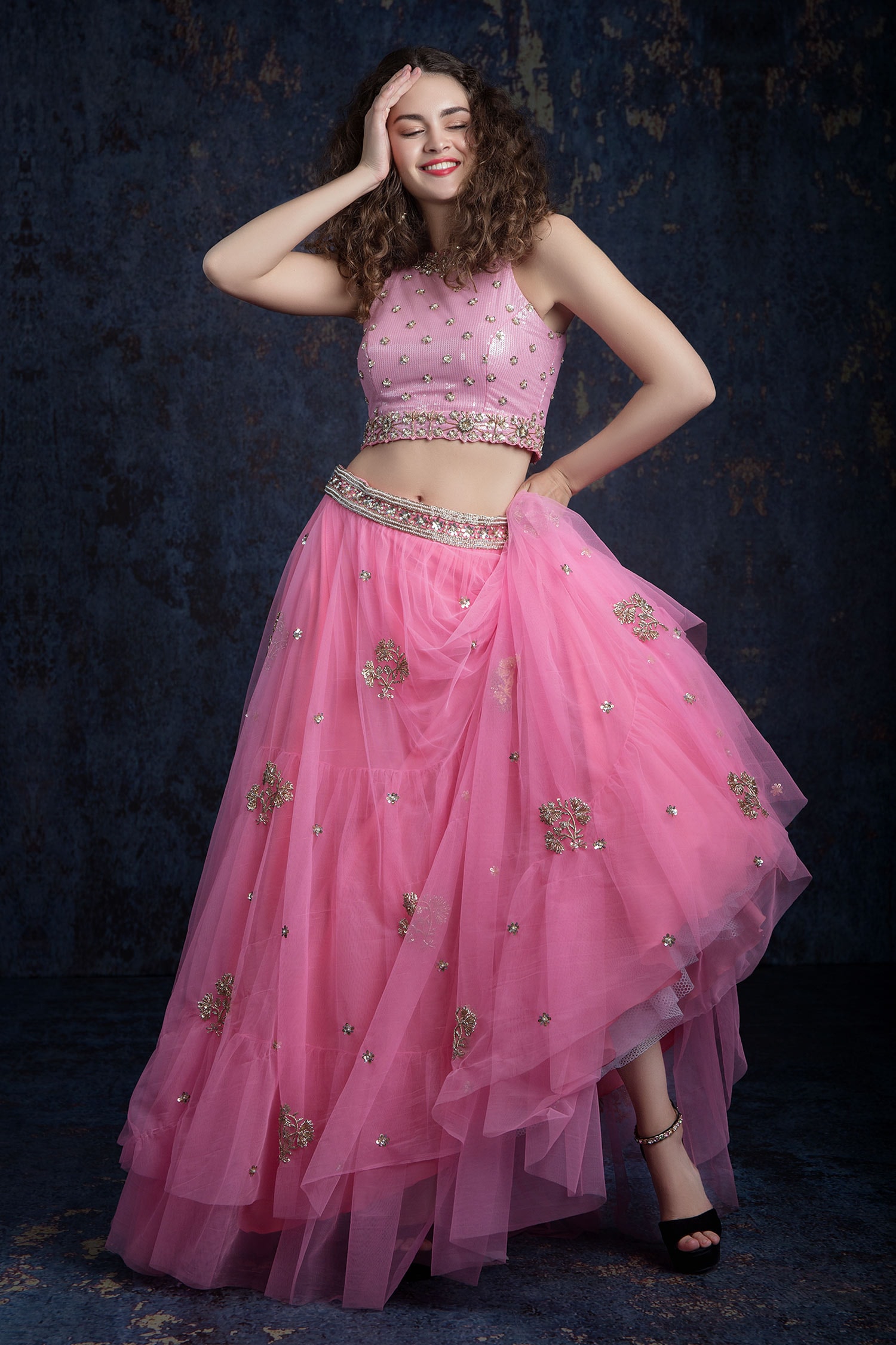 Buy Ashwini Reddy Pink Tulle Embroidered Lehenga Set Online | Aza Fashions