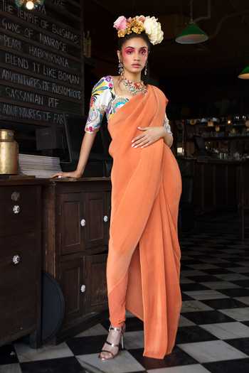 Buy Aisha Rao Orange Silk Pre-draped Pant Saree With Blouse Online ...