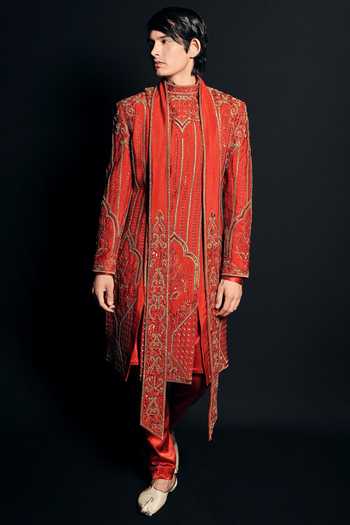 Buy Asra Orange Raw Silk Embroidered Sherwani Kurta Set Online | Aza ...
