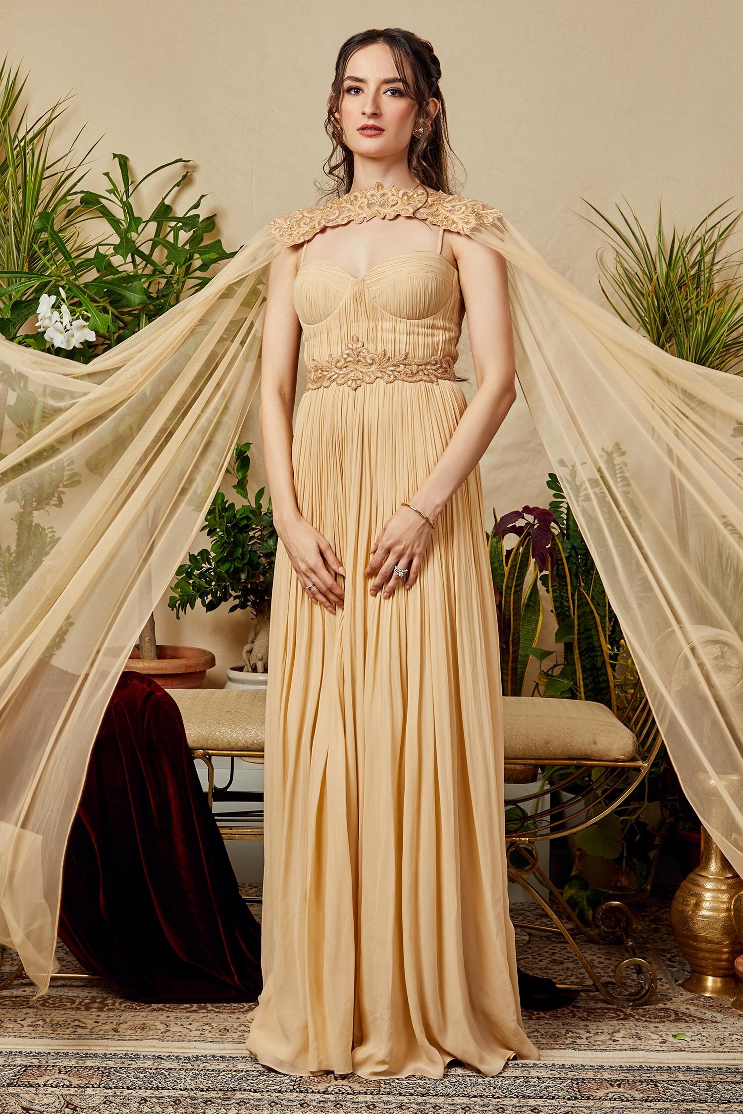 Buy Peach Georgette Embroidered Sweetheart Neck Gathered Gown With Cape ...