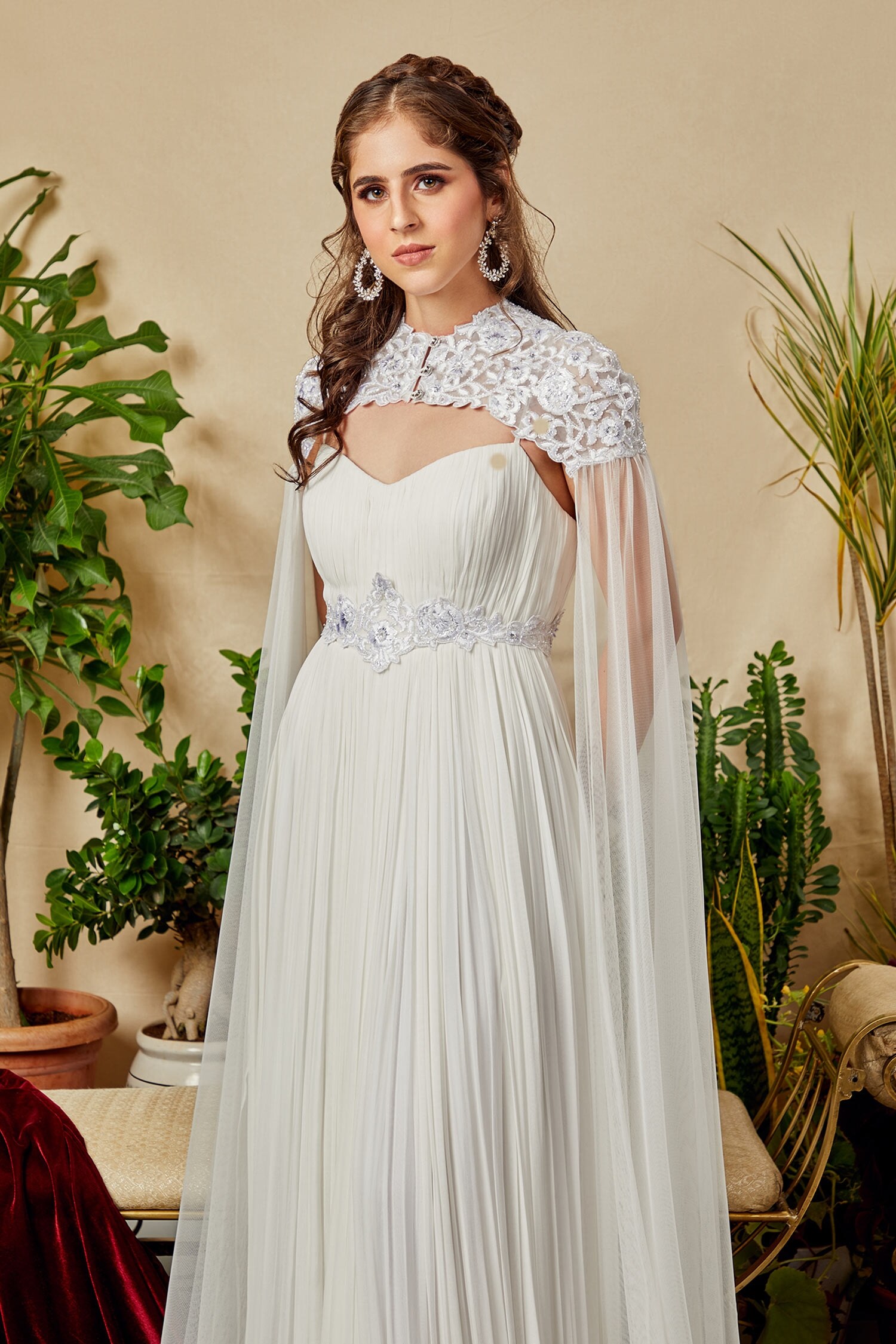 Buy Asra White Georgette Gathered Gown With Cape Online | Aza Fashions