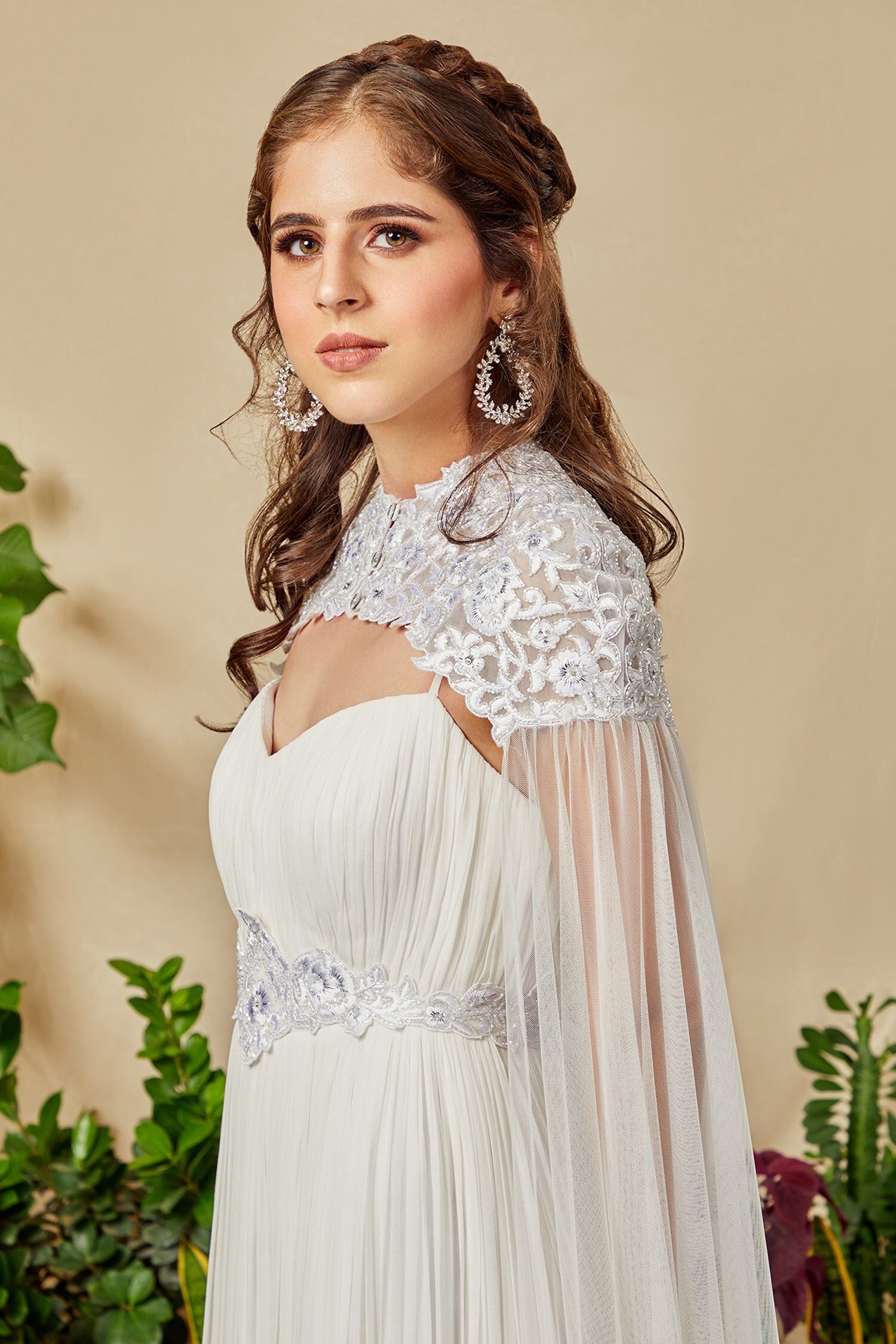 Buy Asra White Georgette Gathered Gown With Cape Online | Aza Fashions