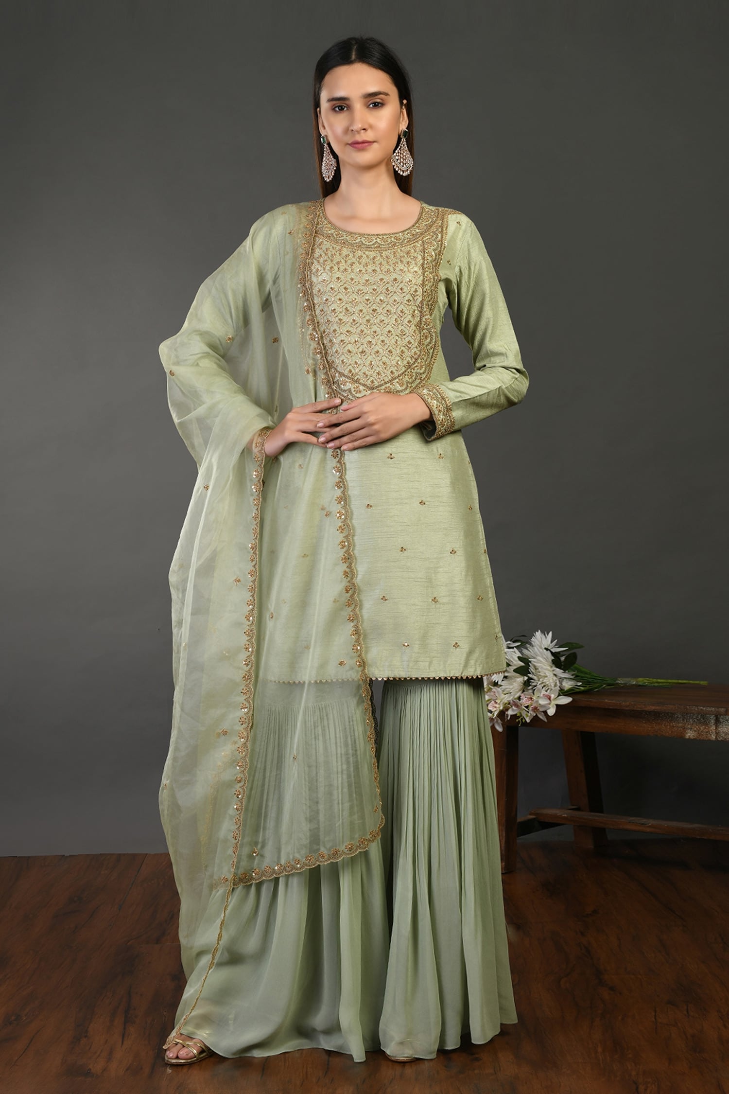 Buy Green Kurta Mysore Silk Embroidered Bullion And Zari Work Sharara Set For Women by Onaya ...