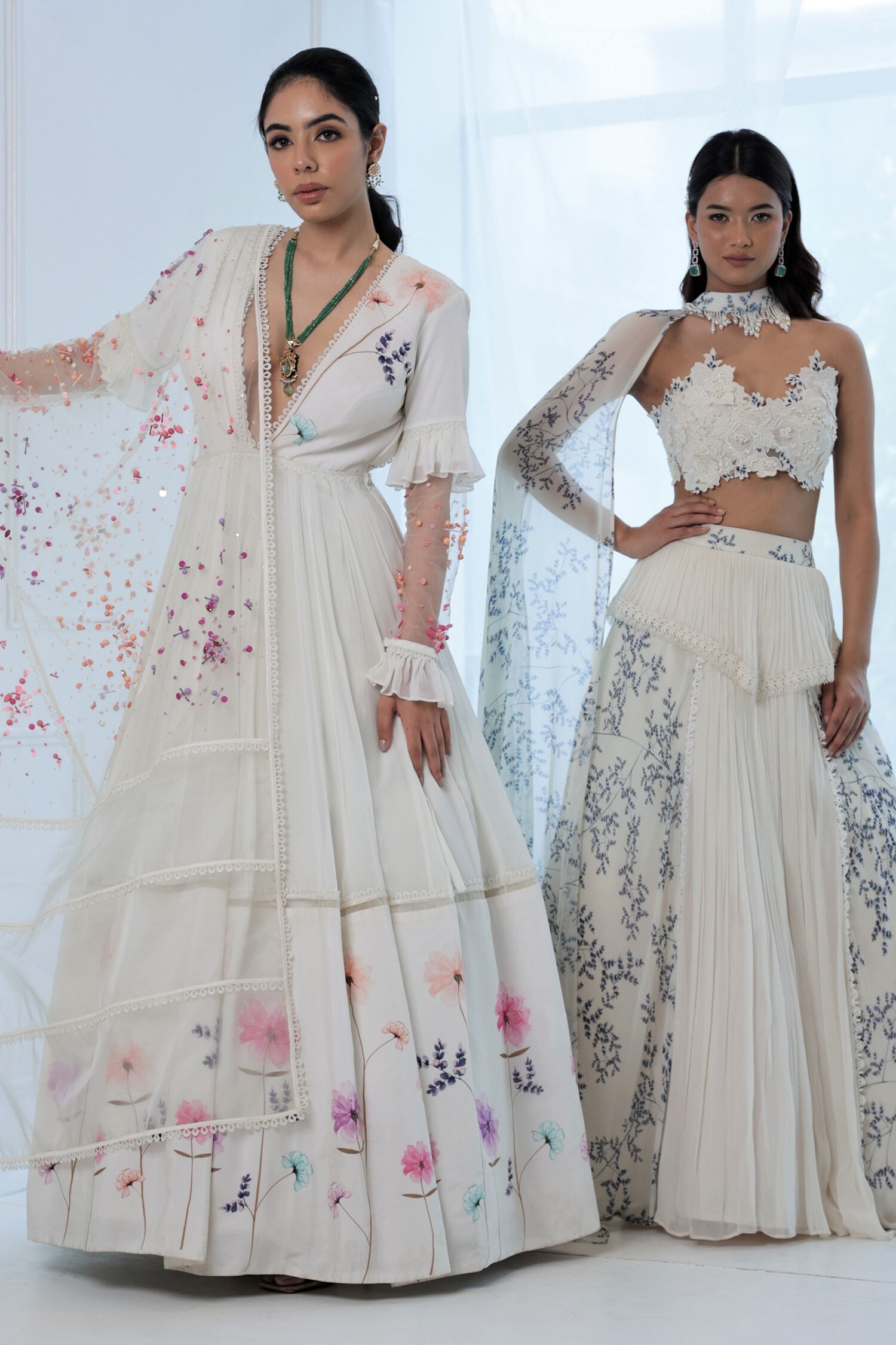 Buy Ivory Crepe Printed Floral Plunge V Neck Anarkali With Dupatta For ...