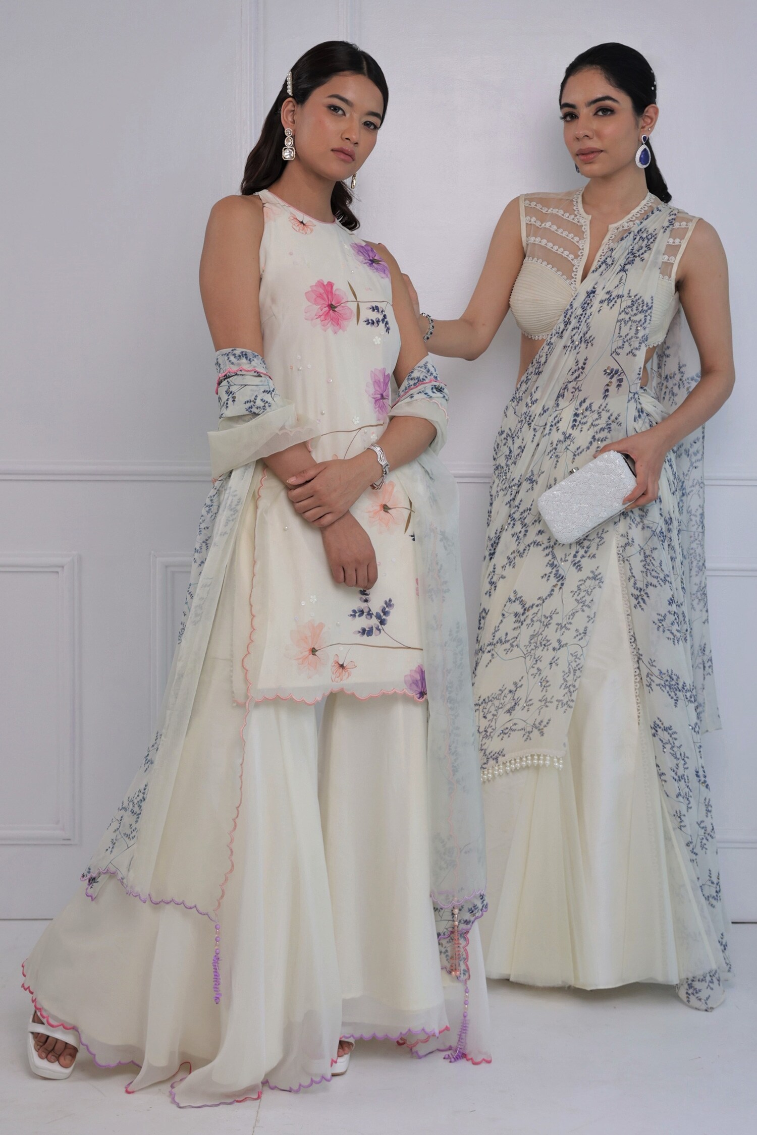 Buy Ivory Net Printed Floral Notched Pre-draped Saree With Blouse For ...