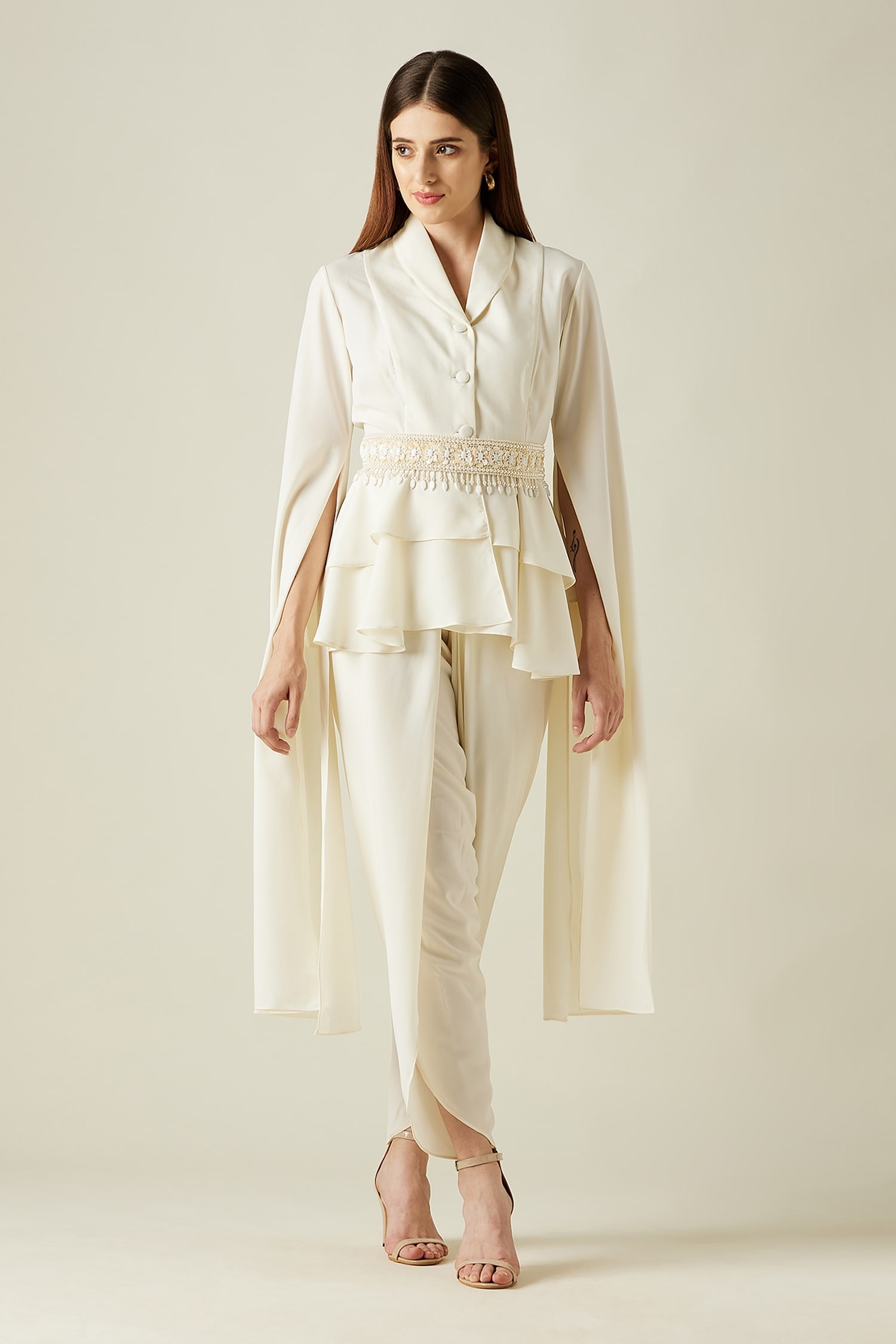 Buy Ivory Moss Crepe Embroidery Pearls Asymmetric Tunic And Draped Pant ...