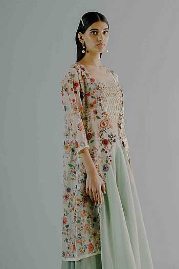 Buy Divyam Mehta Beige Mulberry Silk Embroidered Cape And Palazzo Set ...