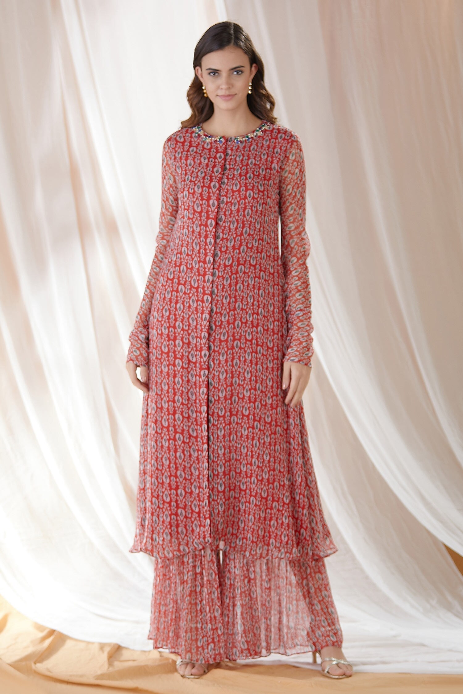 Buy Red Chinon Printed Round Straight Kurta And Palazzo Set For Women ...