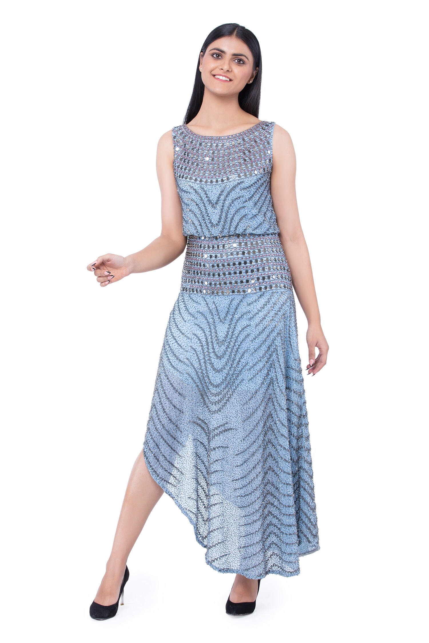 Buy Ambrosia Blue Nylon Mesh Geometric Embroidered Dress Online | Aza ...