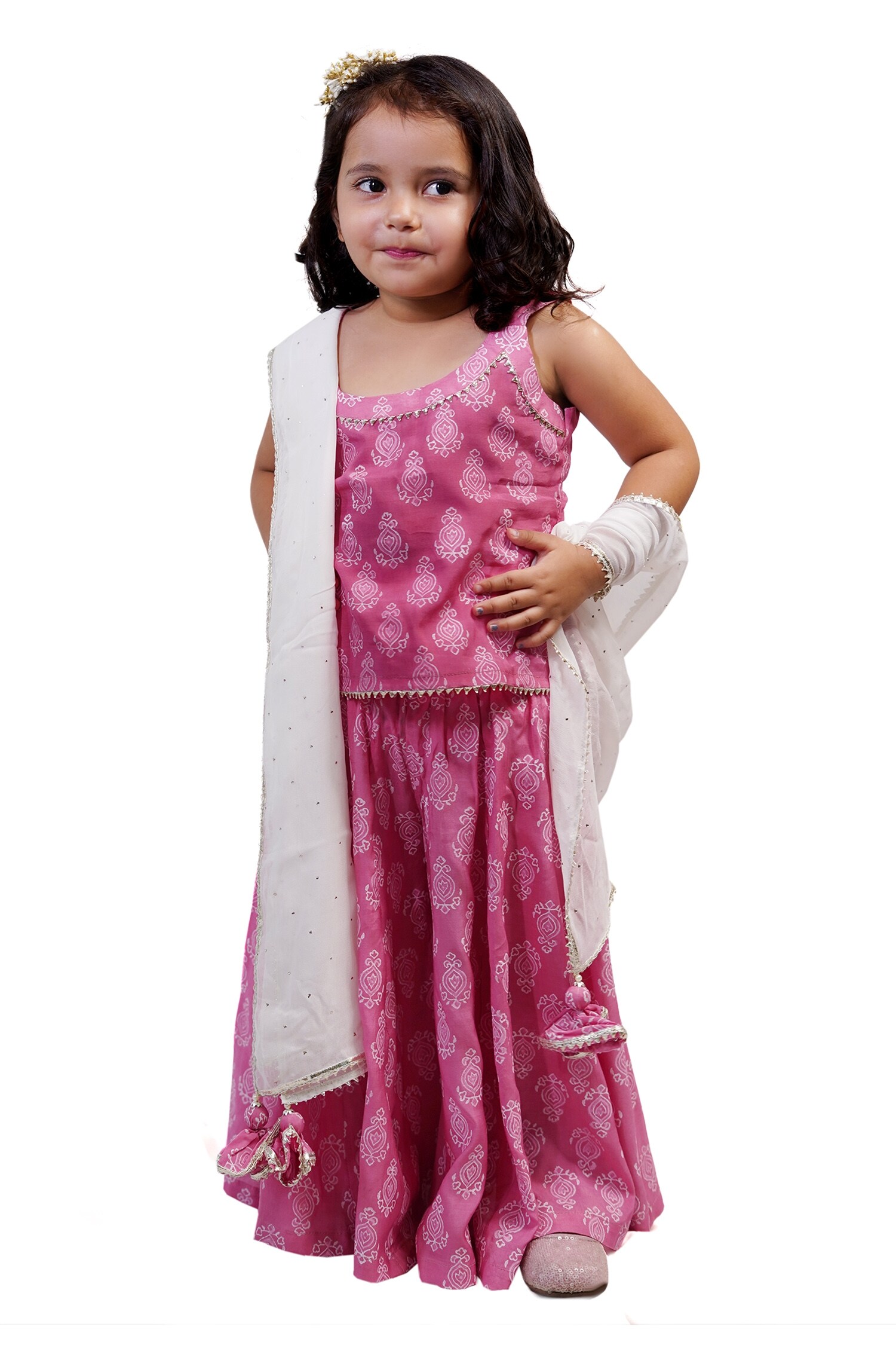 Buy Pink Muslin And Georgette Block Kurta Sharara Set For Girls by Tiny ...