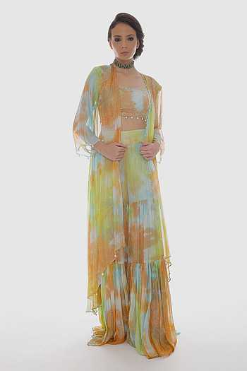 Buy Multi Color Lurex Georgette Embroidery Tie Dye Jacket Gharara Set ...