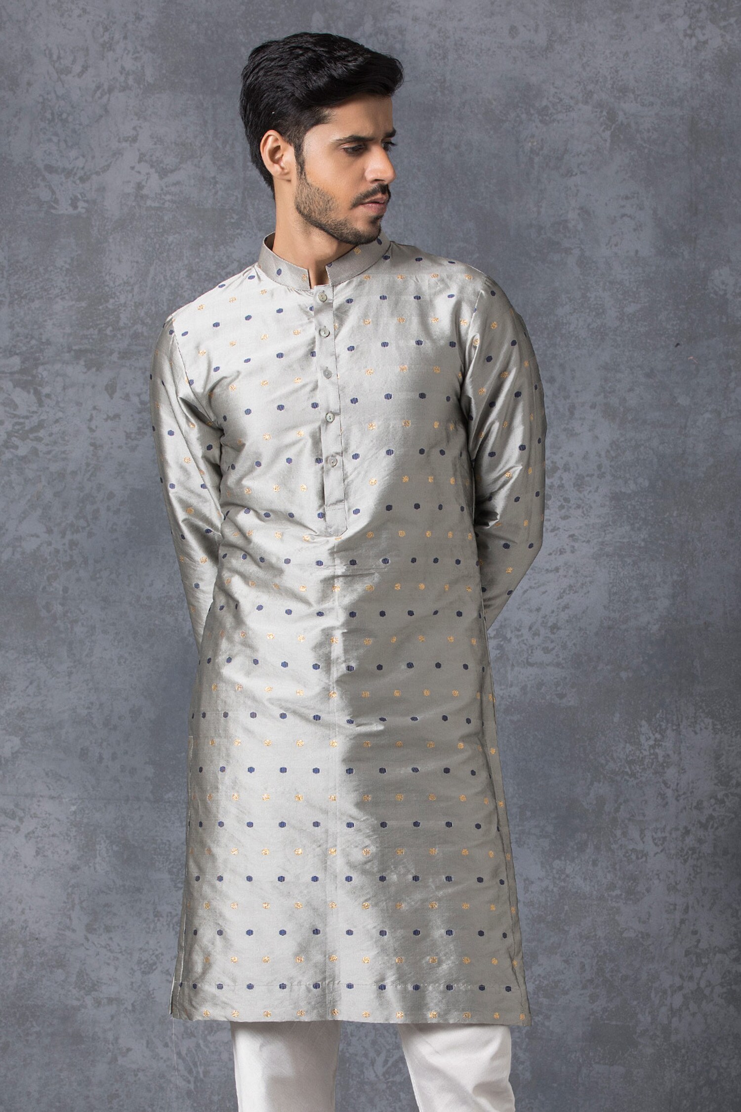 Buy Ankit V Kapoor Grey Embroidered Silk Kurta And Pant Set Online ...
