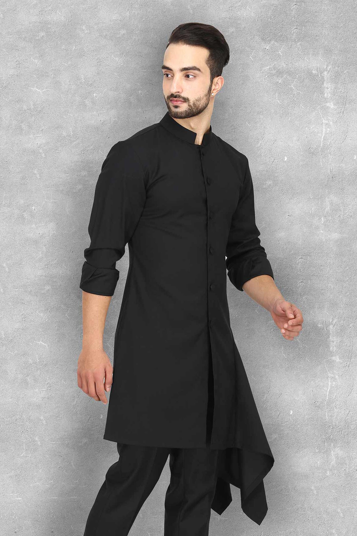 Buy Ankit V Kapoor Black Cotton Asymmetric Kurta And Pant Set Online ...