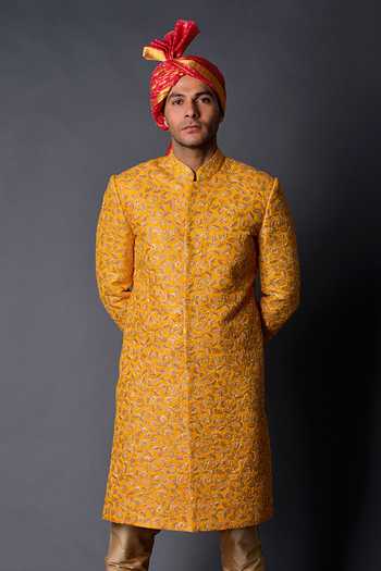 Buy Anurav Yellow Brocade Embroidered Sherwani Online | Aza Fashions